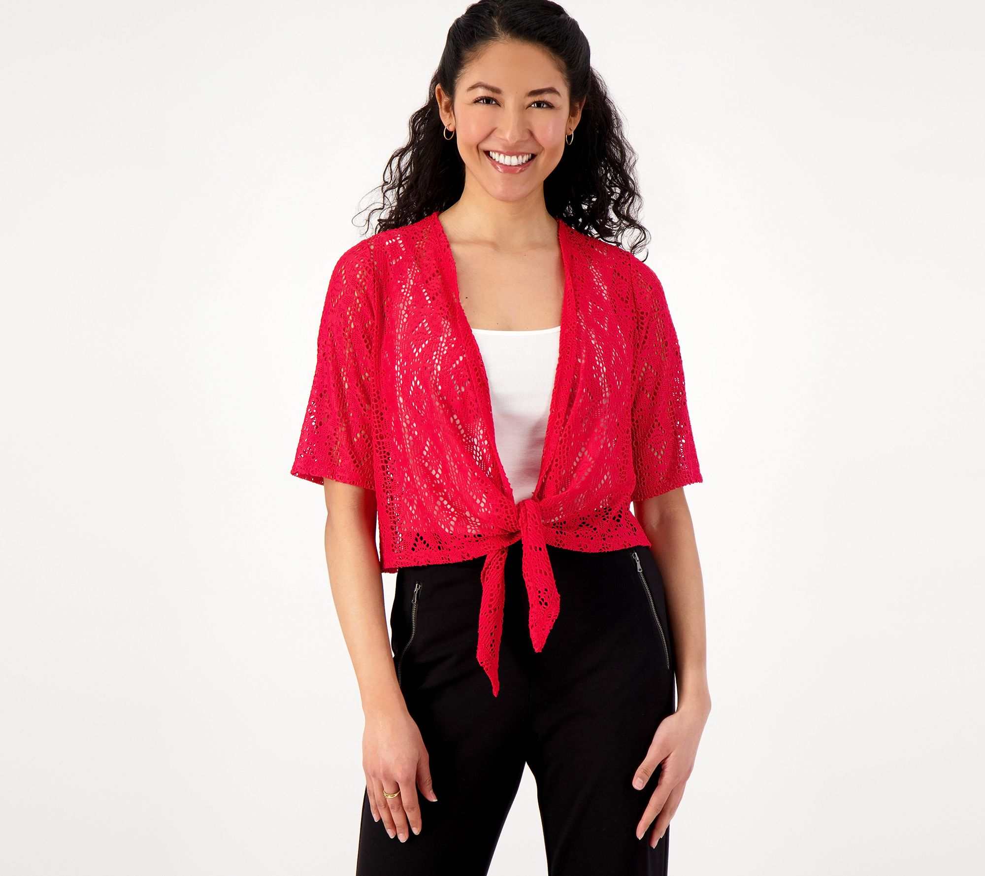 "As Is" Susan Graver Pointelle Knit Elbow-Sleeve Tie-Front Shrug - QVC.com