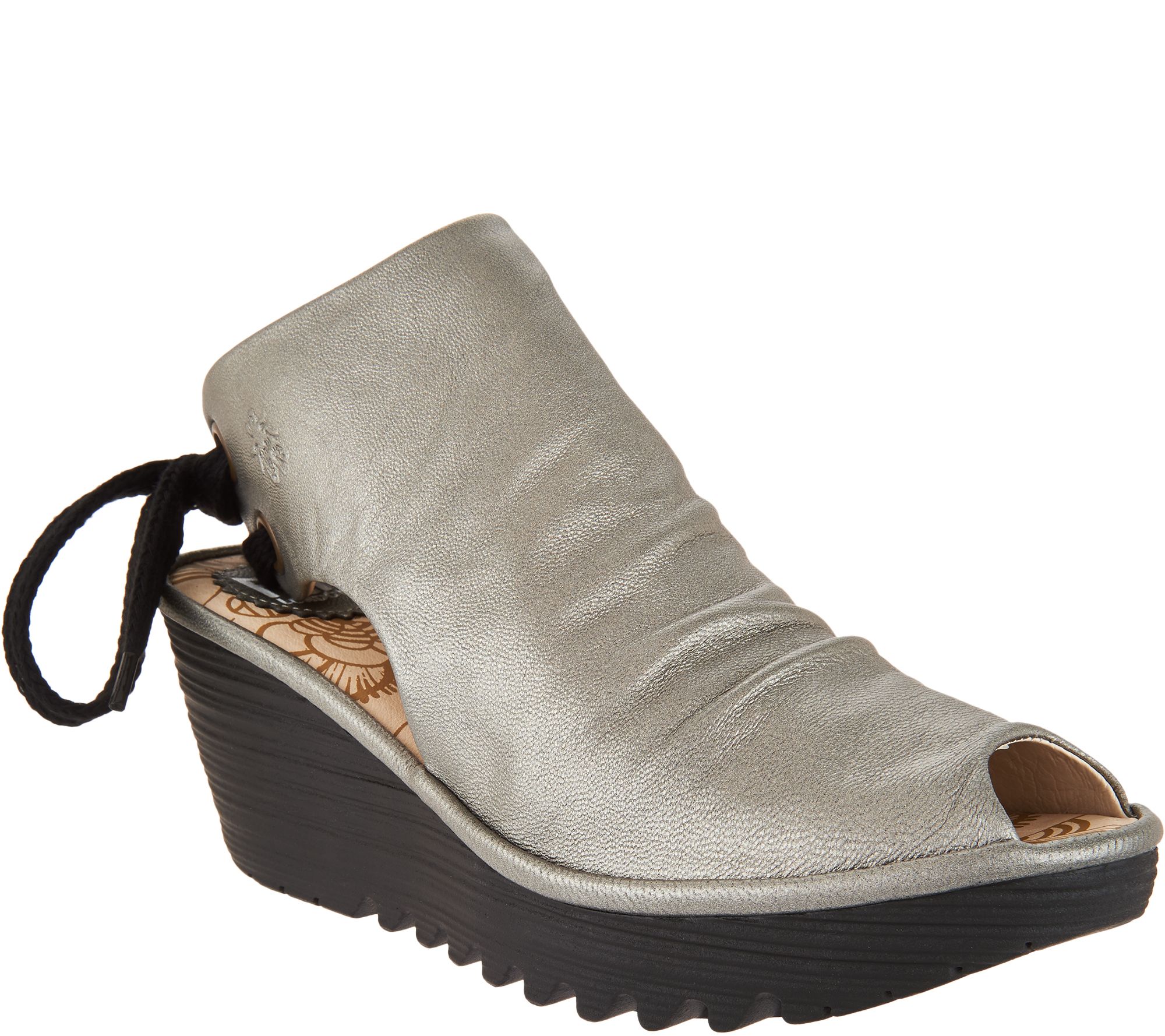 "As Is" FLY London Leather Ruched Peep-toe Wedges-Yame - QVC.com