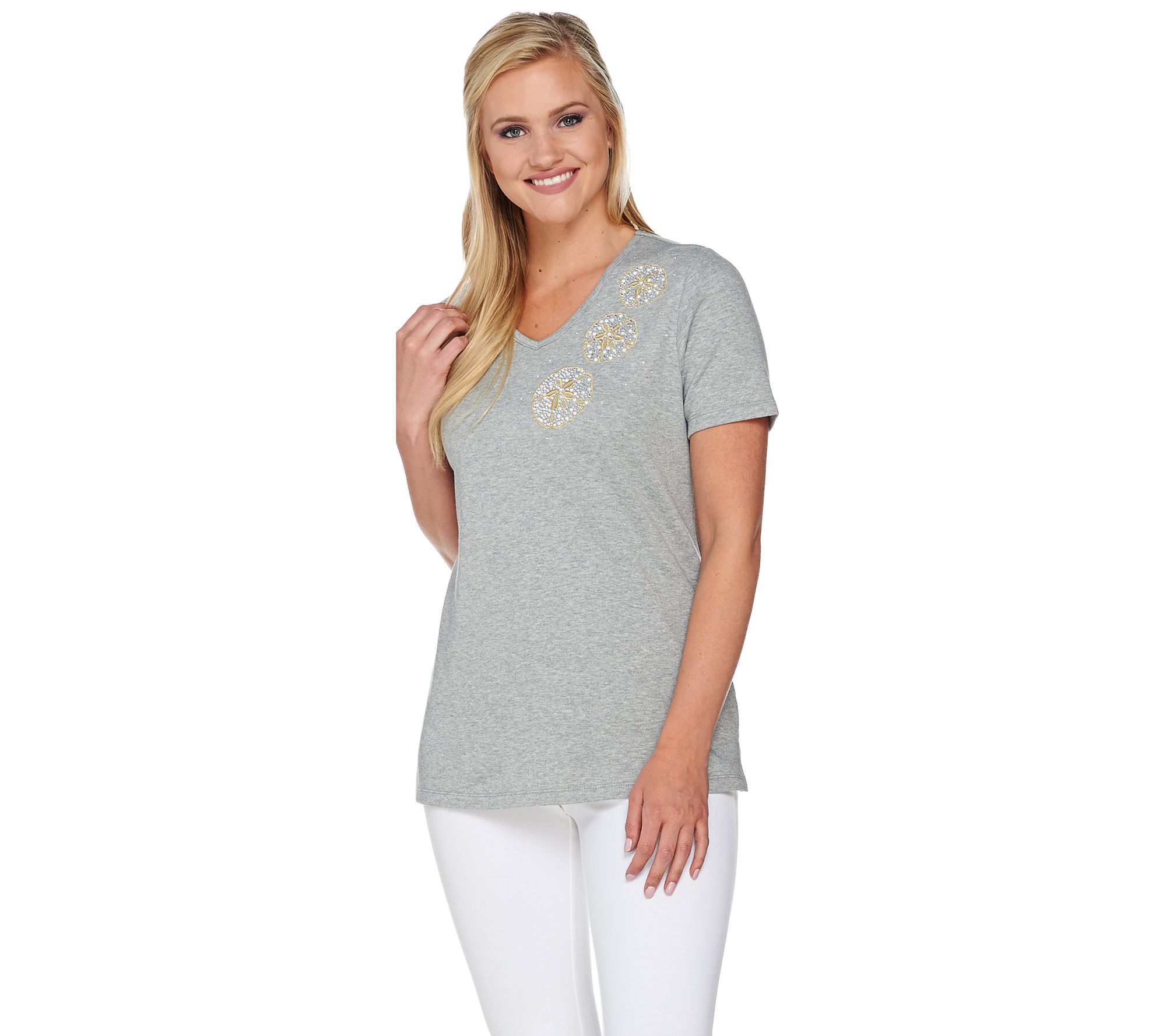 Quacker Factory Simulated "Pearls Just Wanna Have Fun" V-neck T-shirt ...