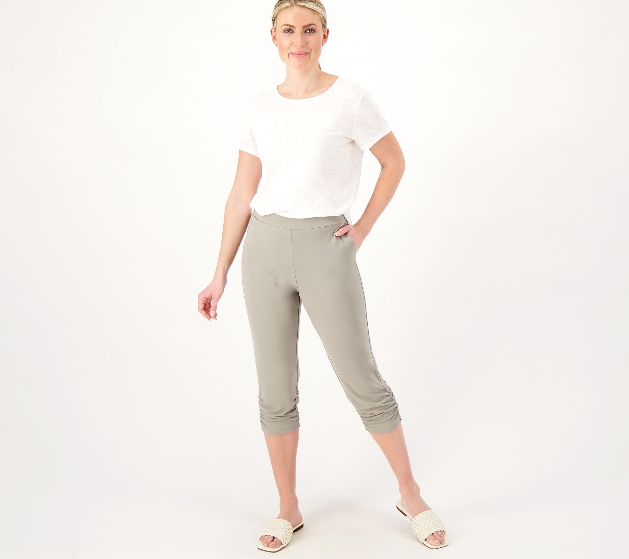 Susan Graver Regular Liquid Knit Slim-Leg Ruched Capri Pants - QVC.com