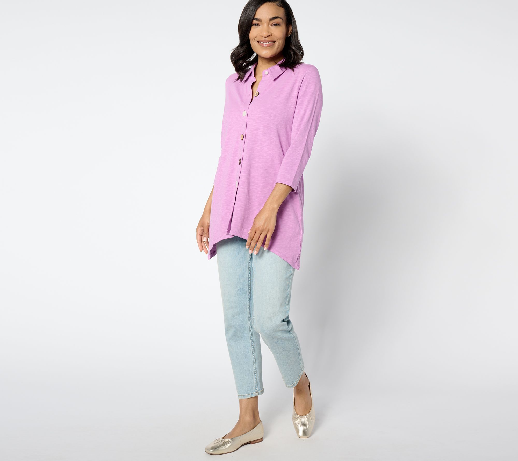 Denim & Co. Petite Texture Knit 3/4 Sleeve Button Tunic - QVC.com