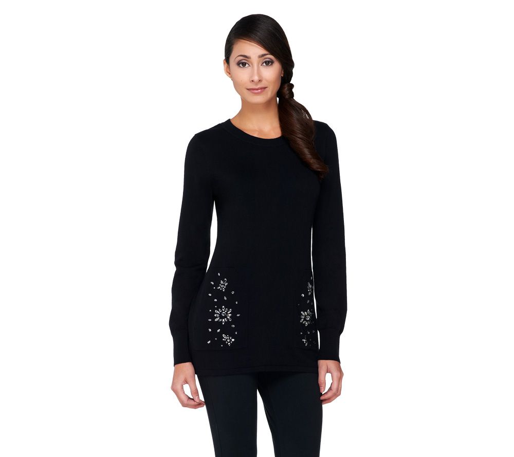 LOGO by Lori Goldstein Cotton Cashmere Sweater with Jeweled Pockets ...