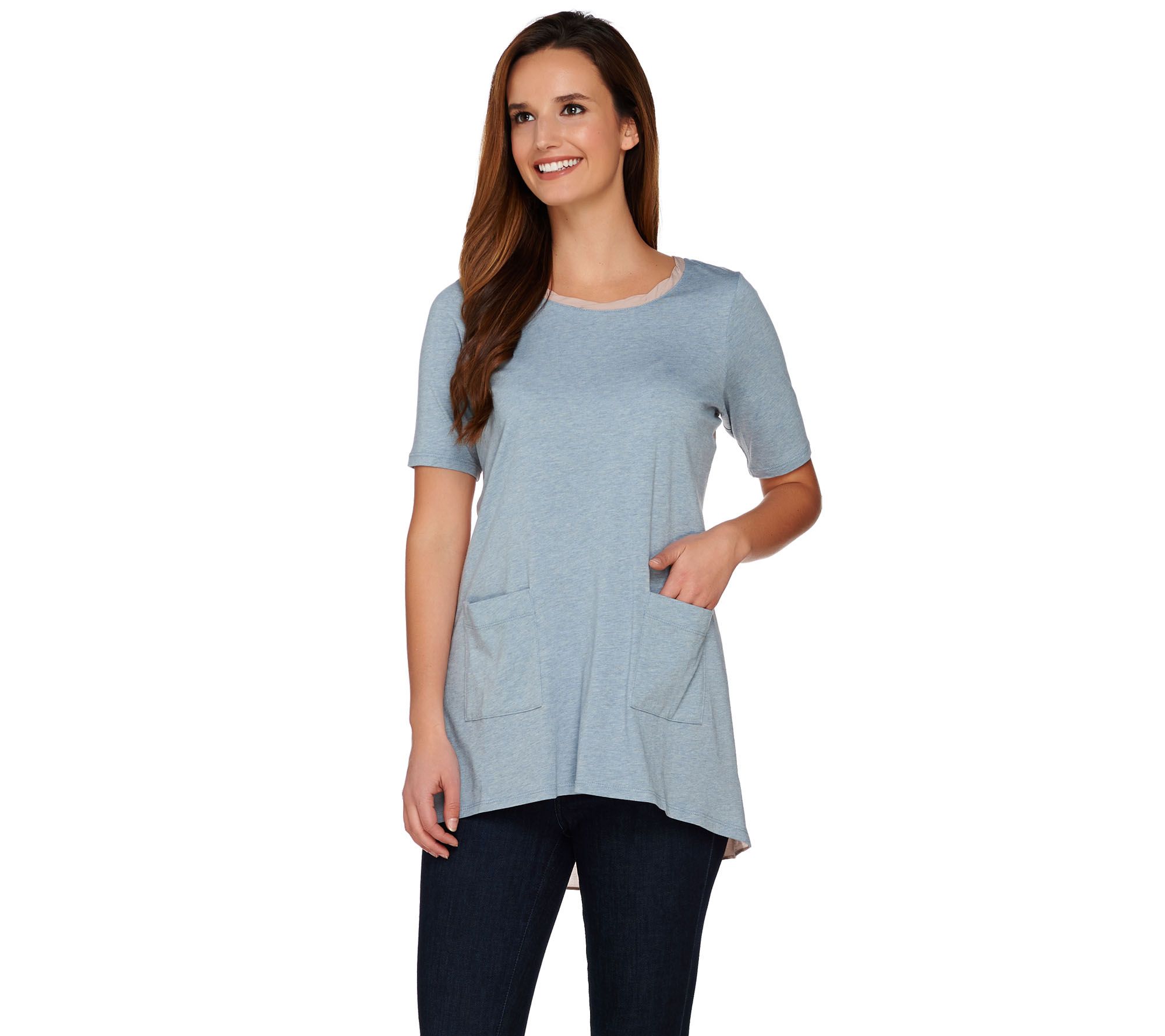 "As Is" LOGO by Lori Goldstein Heather Knit Top with Challis Trim - QVC.com