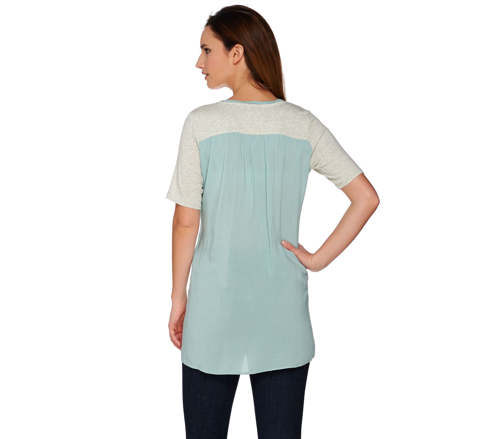 "As Is" LOGO by Lori Goldstein Heather Knit Top with Challis Trim - QVC.com