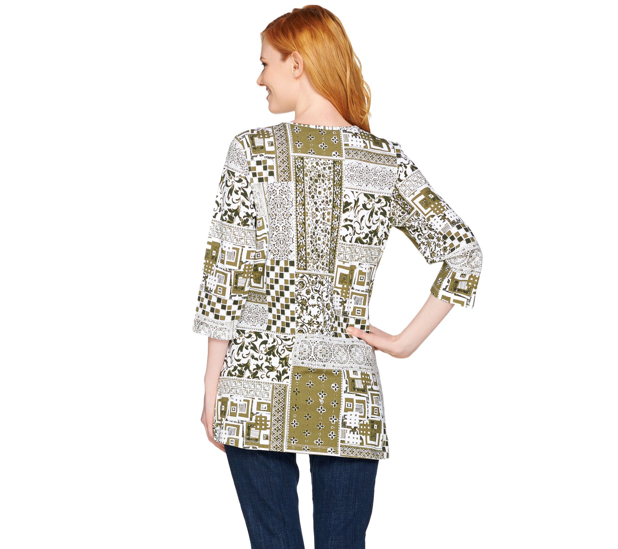 Denim & Co 3/4 Sleeve Patchwork Print Tunic Top with Side Slits - QVC.com