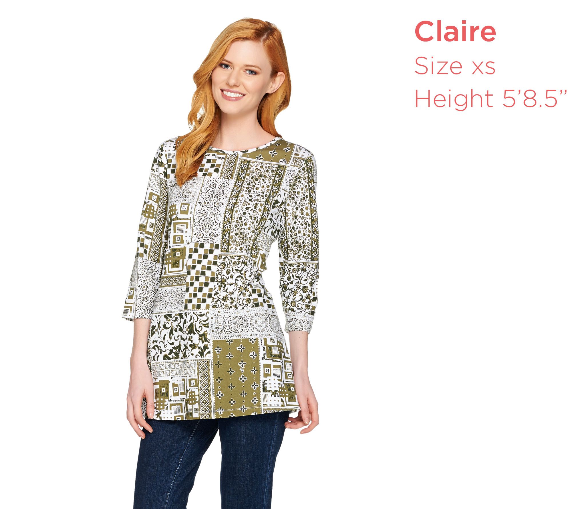 Denim & Co 3/4 Sleeve Patchwork Print Tunic Top with Side Slits - QVC.com