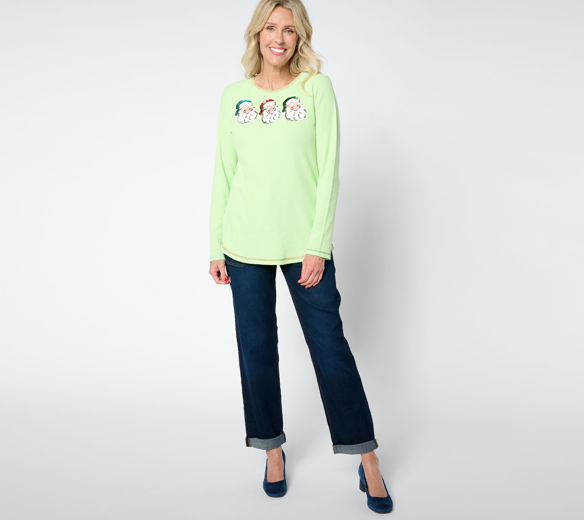 Quacker Factory Glitter Holiday Embellished Waffle Long Sleeve Top ...