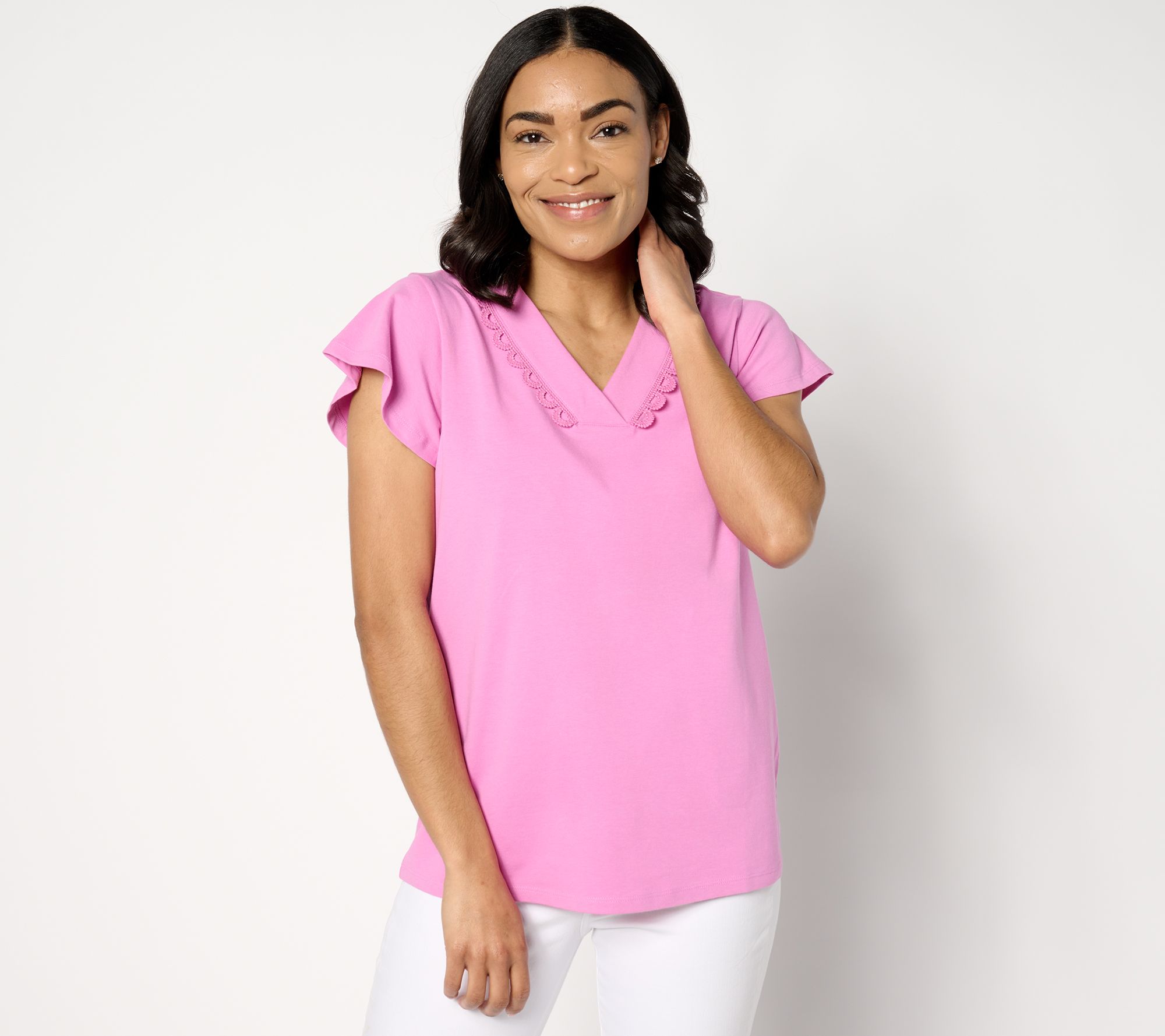 "As Is" Denim & Co. Crossover V-Neck Lace Flutter Sleeve Top - QVC.com
