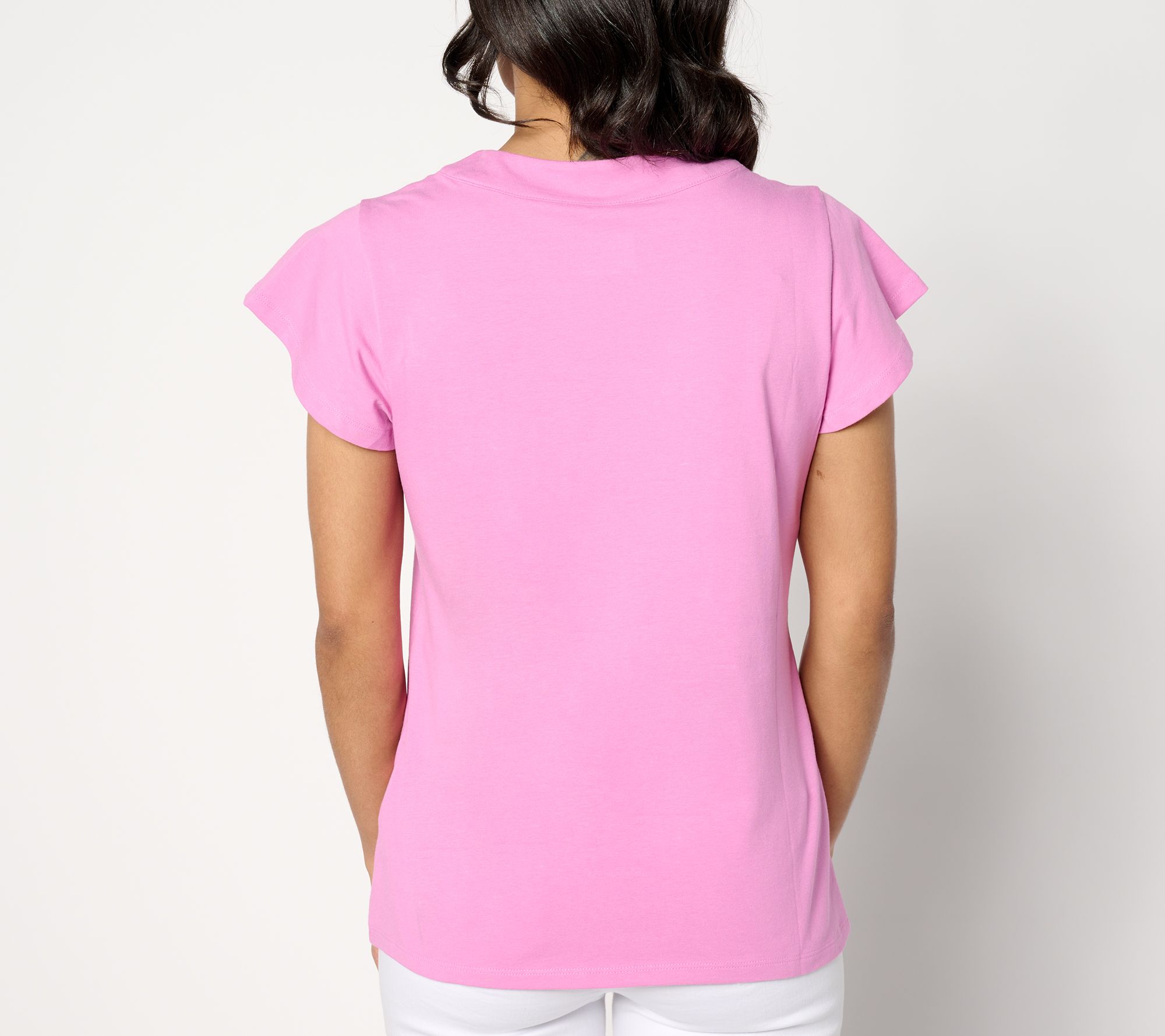 "As Is" Denim & Co. Crossover V-Neck Lace Flutter Sleeve Top - QVC.com