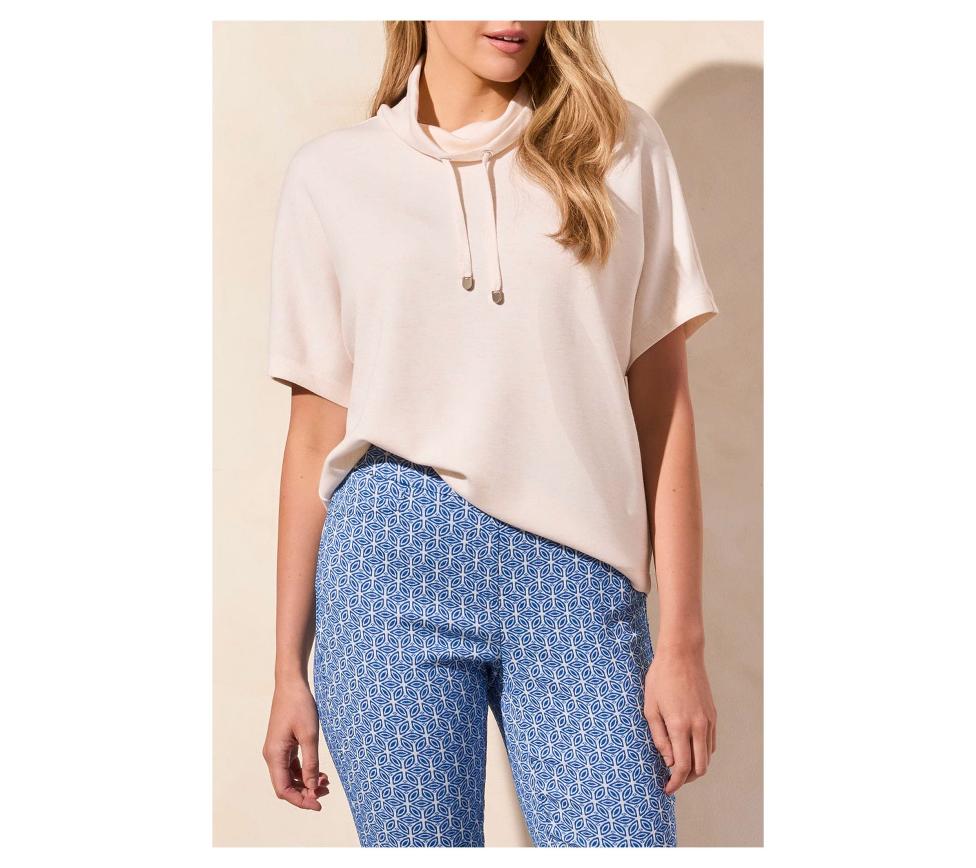 Tribal Light Scuba Knit Funnel Neck Short Sleeve Top - QVC.com