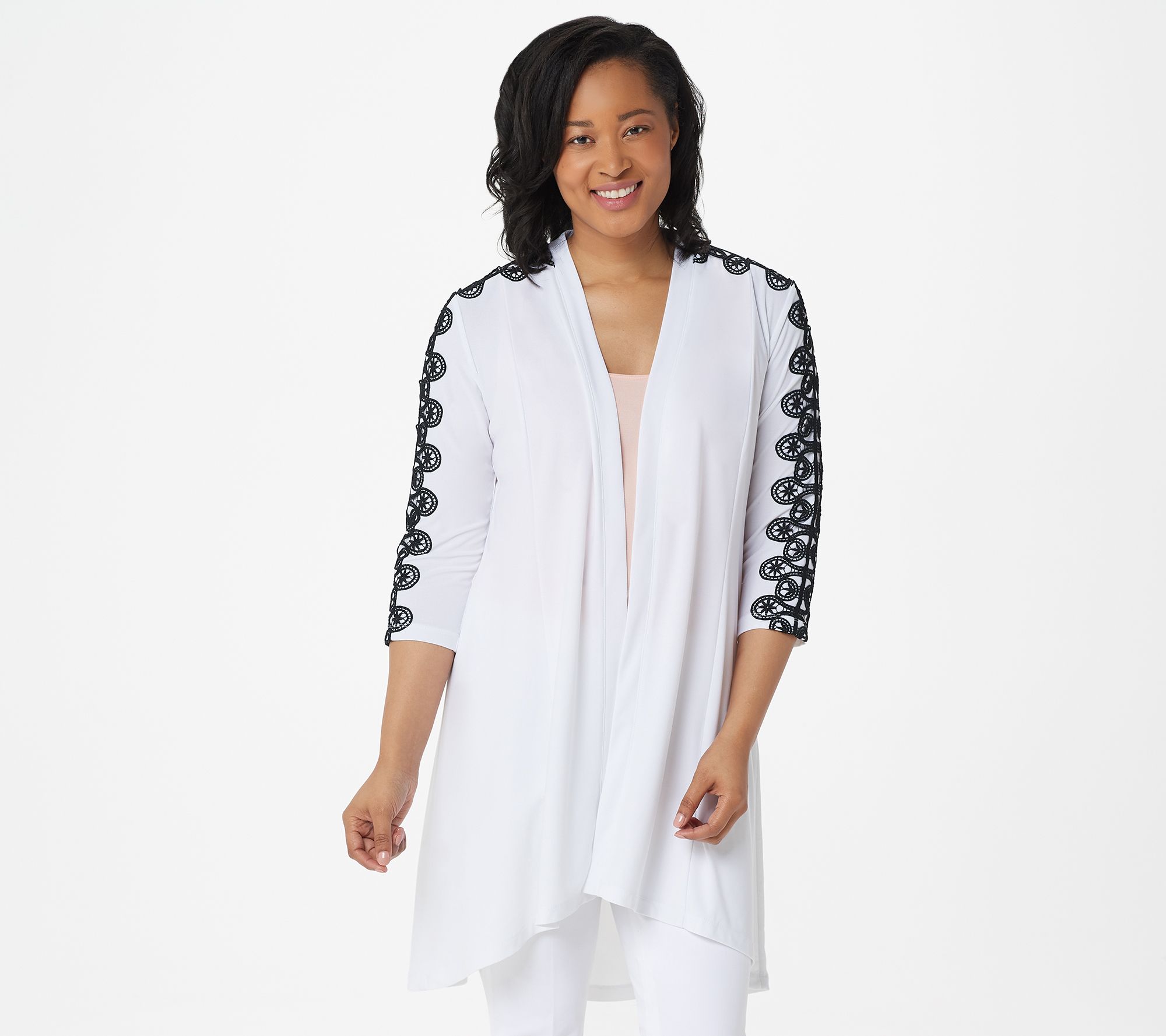 "As Is" Dennis Basso Caviar Crepe Duster Cardigan with Lace Trim - QVC.com
