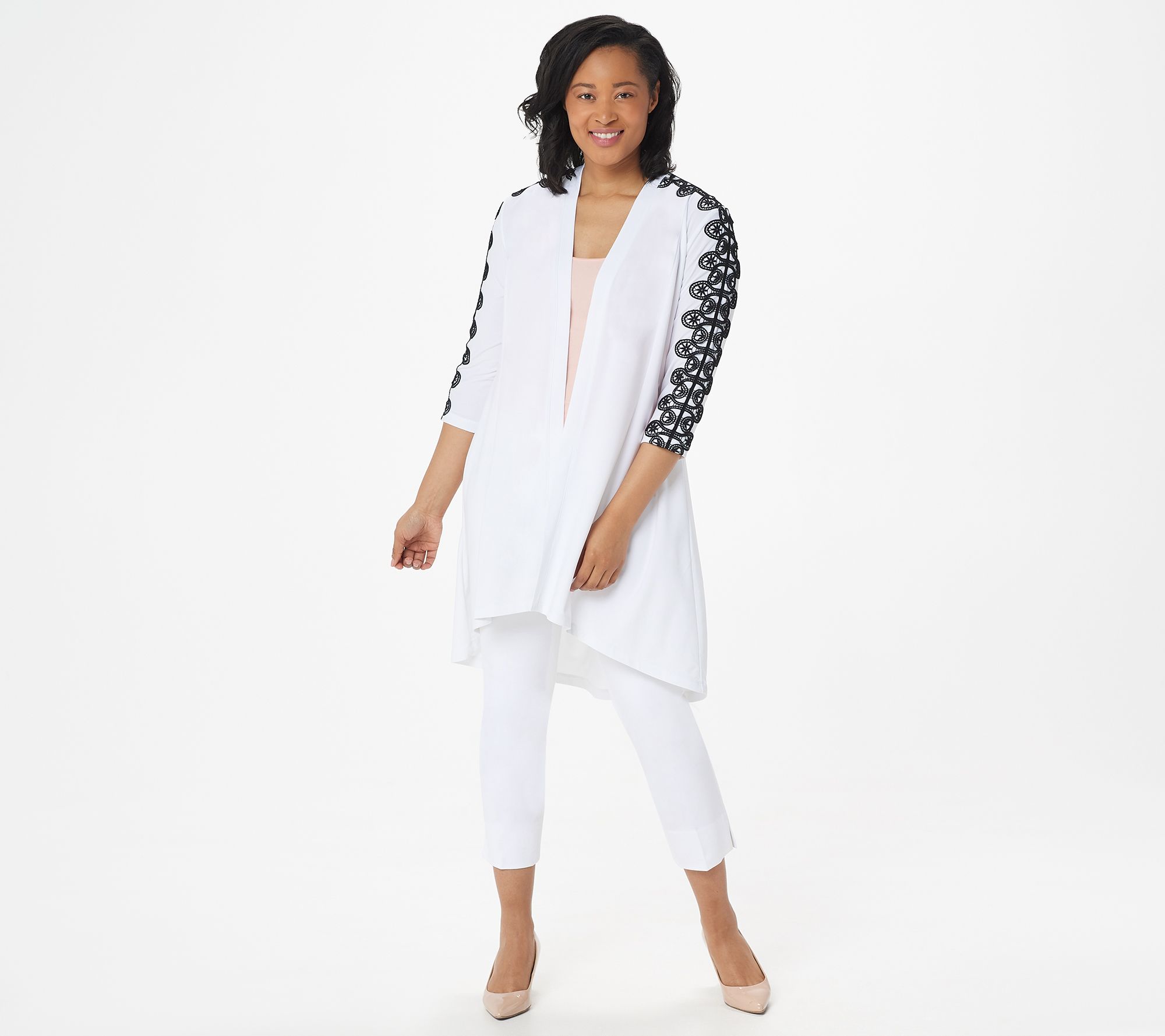 "As Is" Dennis Basso Caviar Crepe Duster Cardigan with Lace Trim - QVC.com