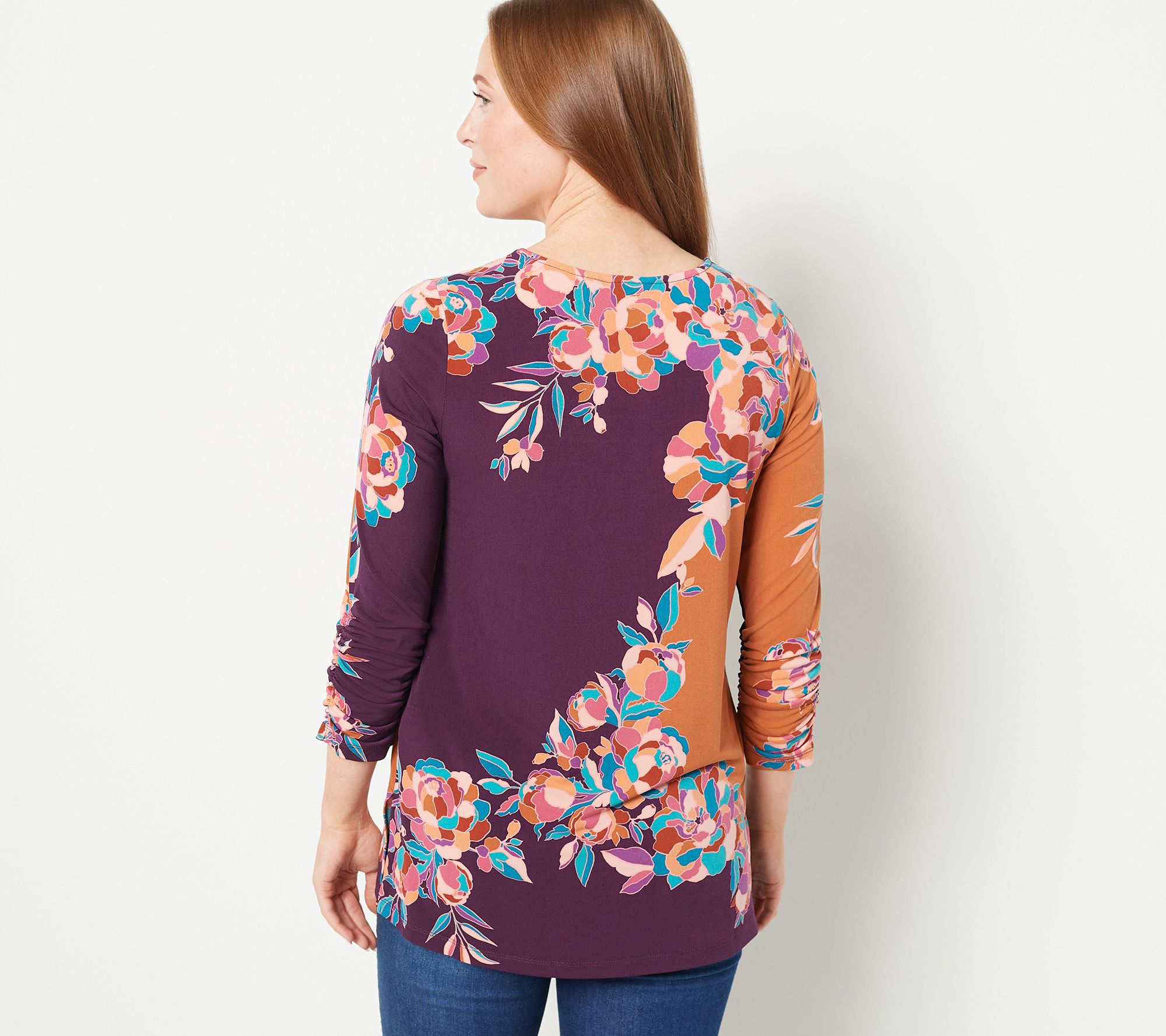 GRAVER Susan Graver Printed Liquid Knit Tunic w/ Ruched Sleeves - QVC.com