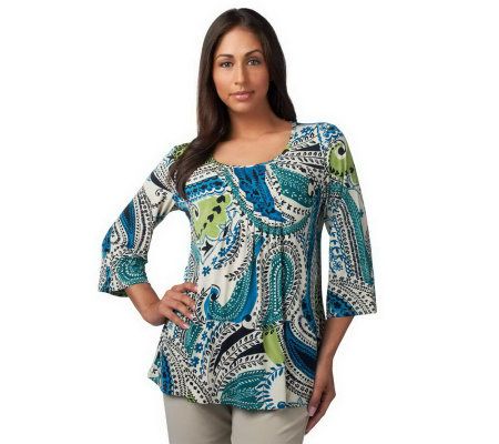 "As Is" Susan Graver Liquid Knit Paisley Print Pleat Front Top - QVC.com
