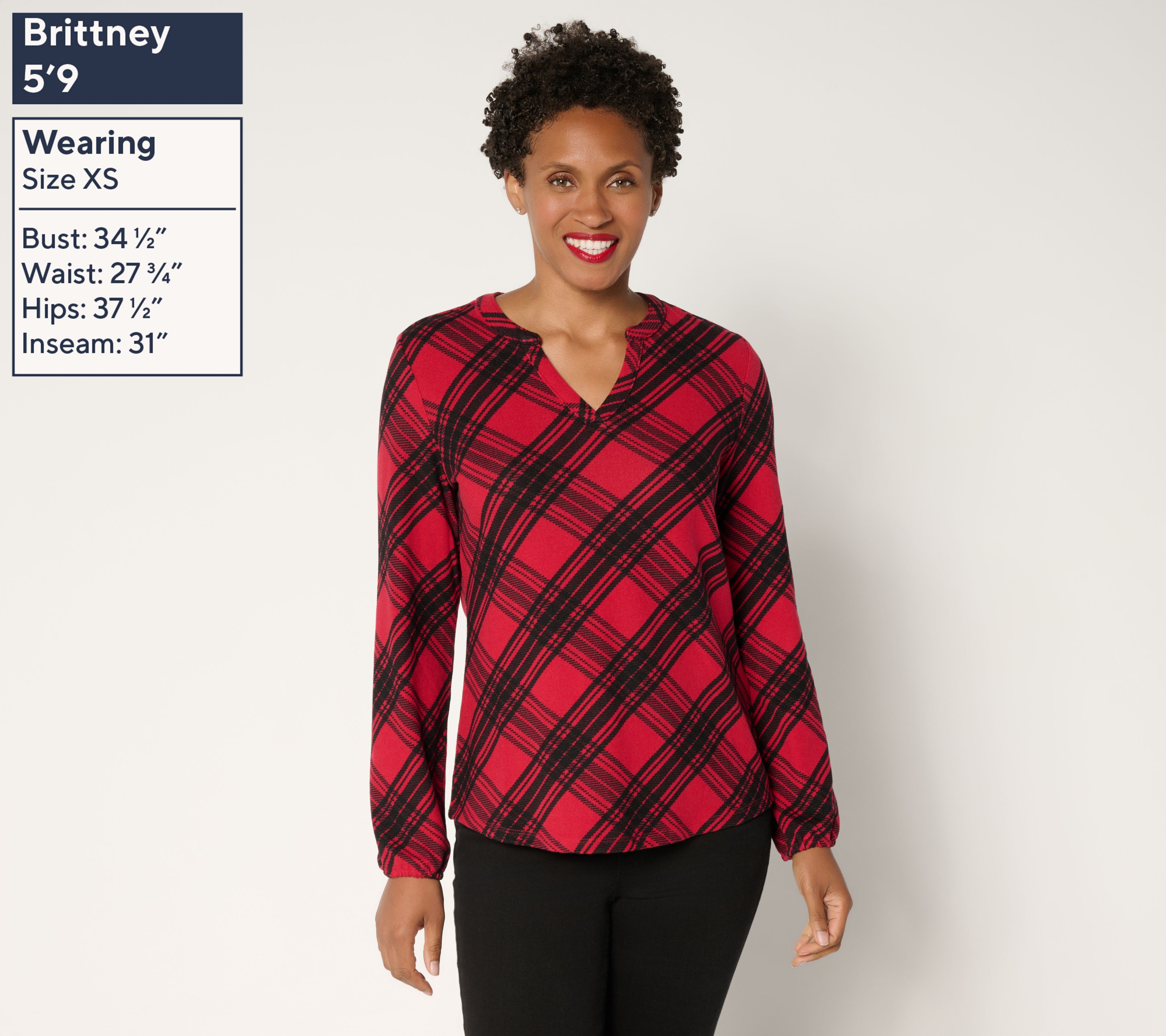 Denim & Co. Plaid Heavenly Jersey Split V-Neck Long Sleeve Top - QVC.com