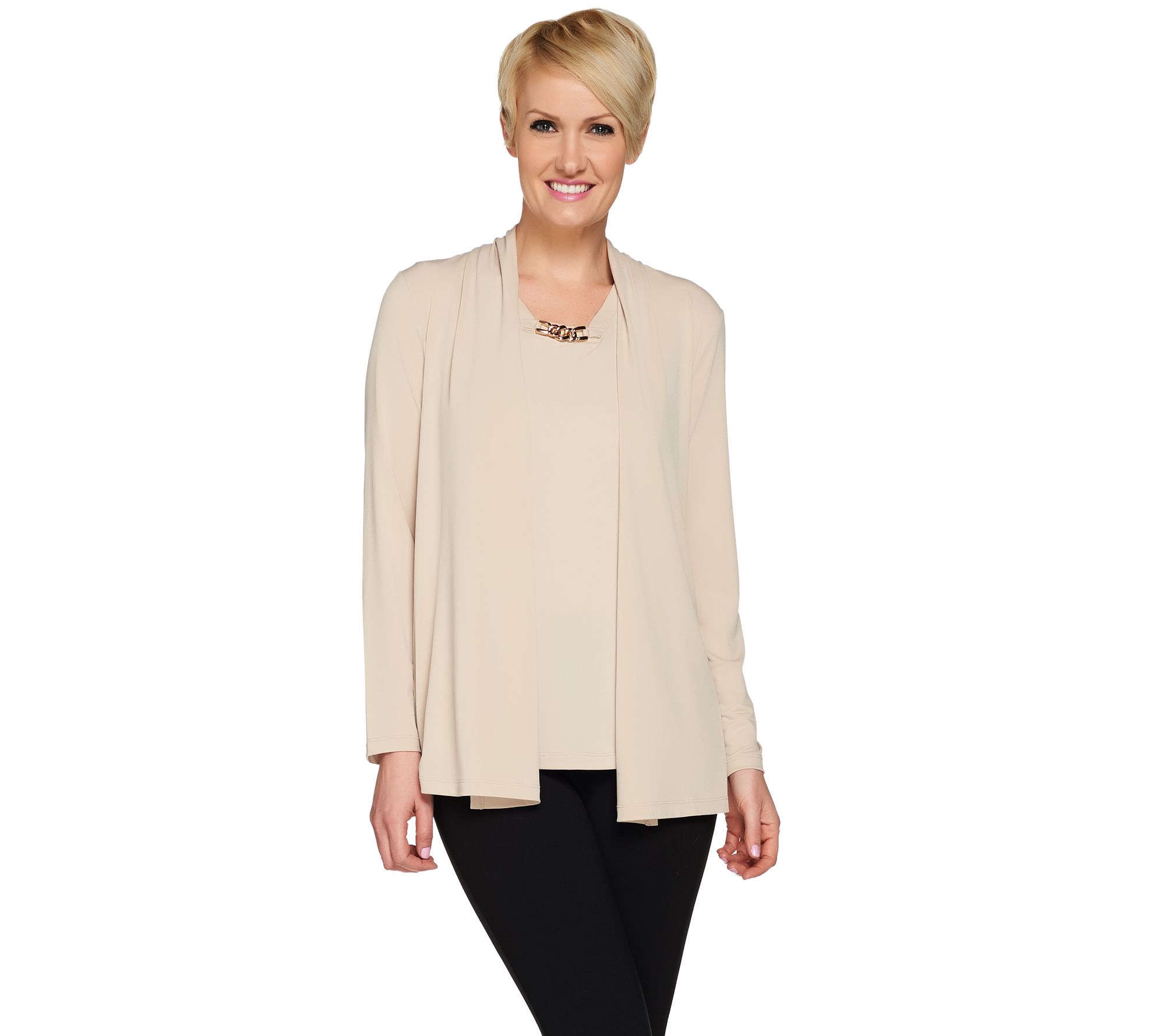 Susan Graver Liquid Knit Cardigan & Tank Set with Chain Trim - QVC.com