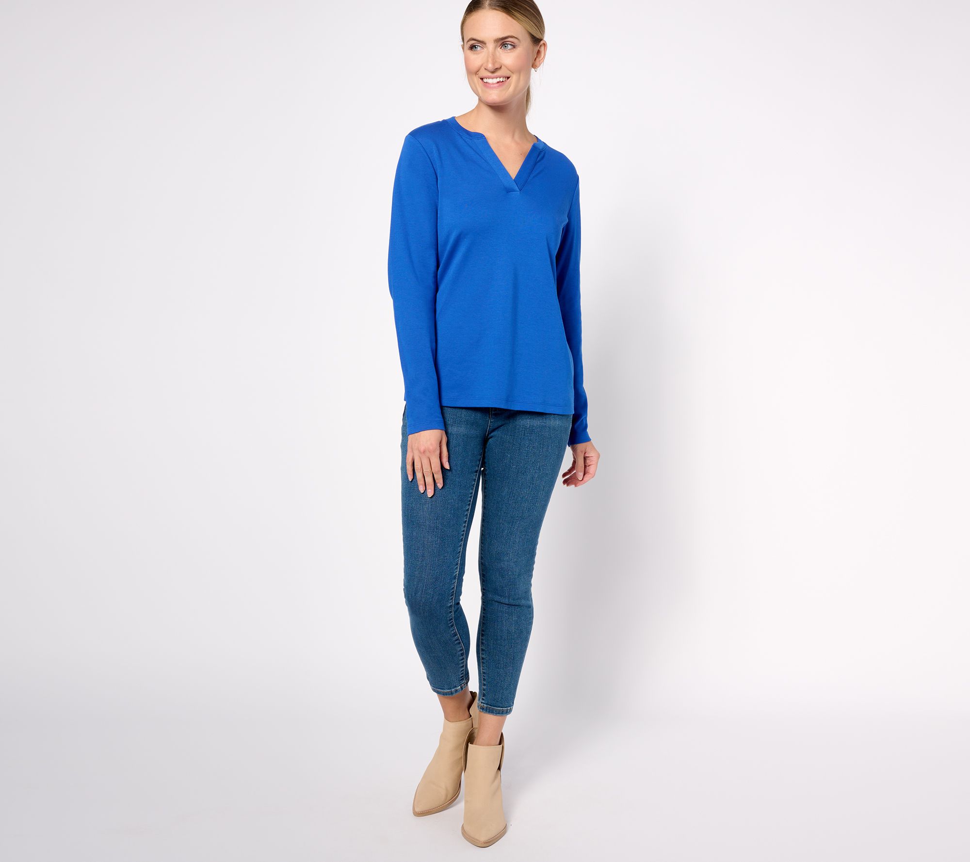 "As Is" Isaac Mizrahi Live! Essentials Pima Cotton Split Neck Top - QVC.com
