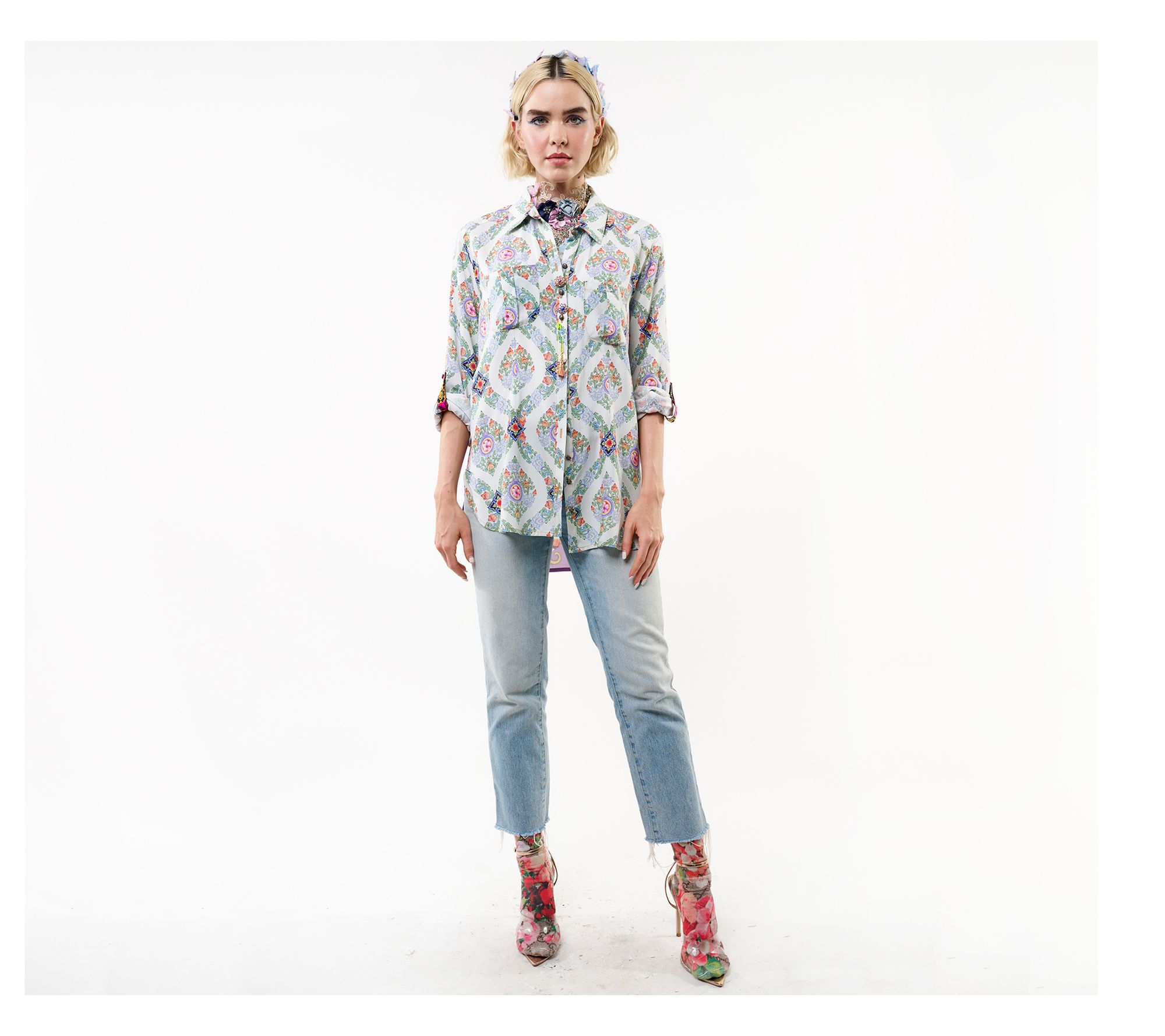 Aratta Violet Floral Printed Button-Front Collared Shirt - QVC.com