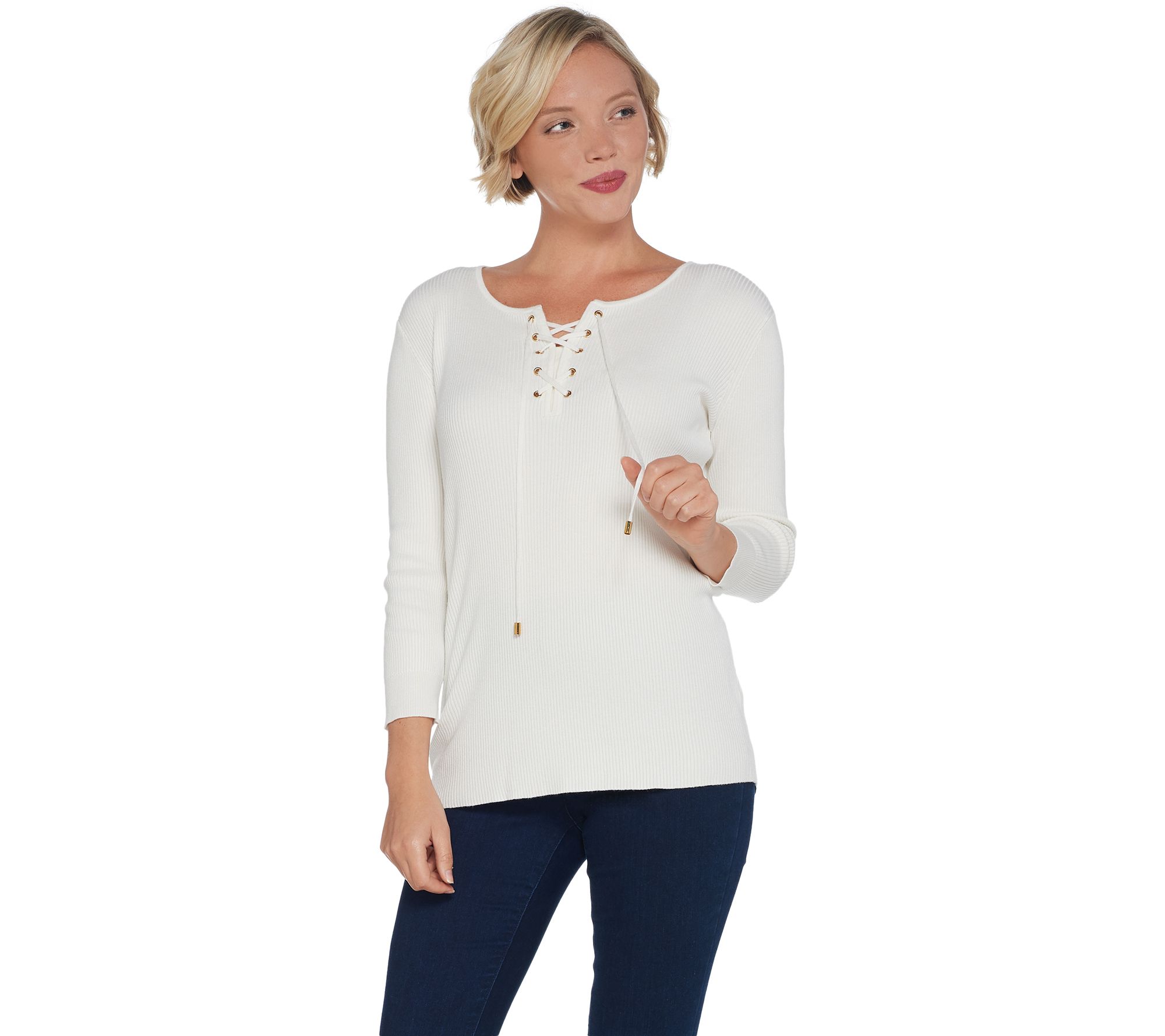 "As Is" BROOKE SHIELDS Timeless 3/4 Sleeve Lace-Up Sweater - QVC.com