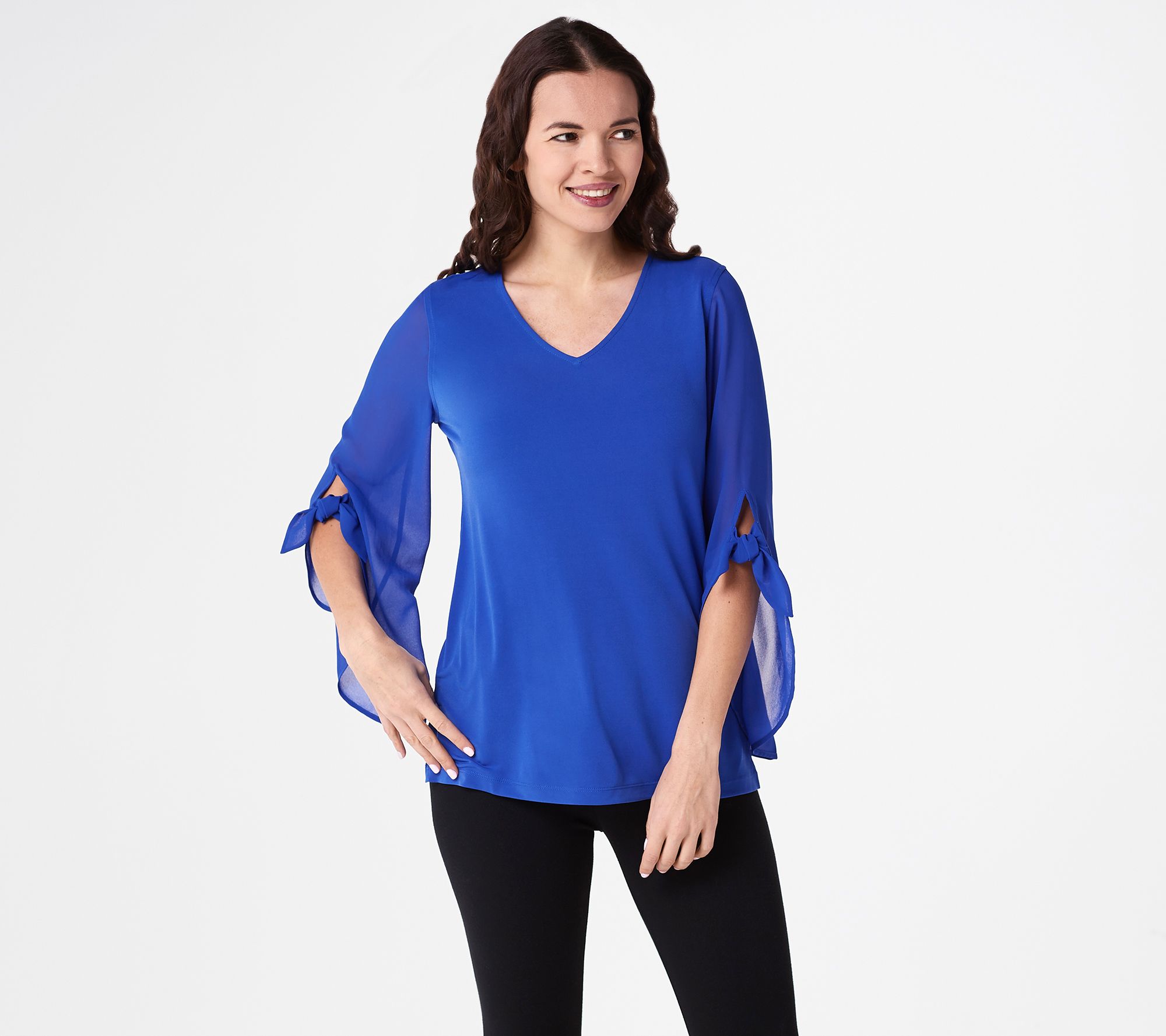 As Is Susan Graver Liquid Knit Top With Chiffon Sleeves