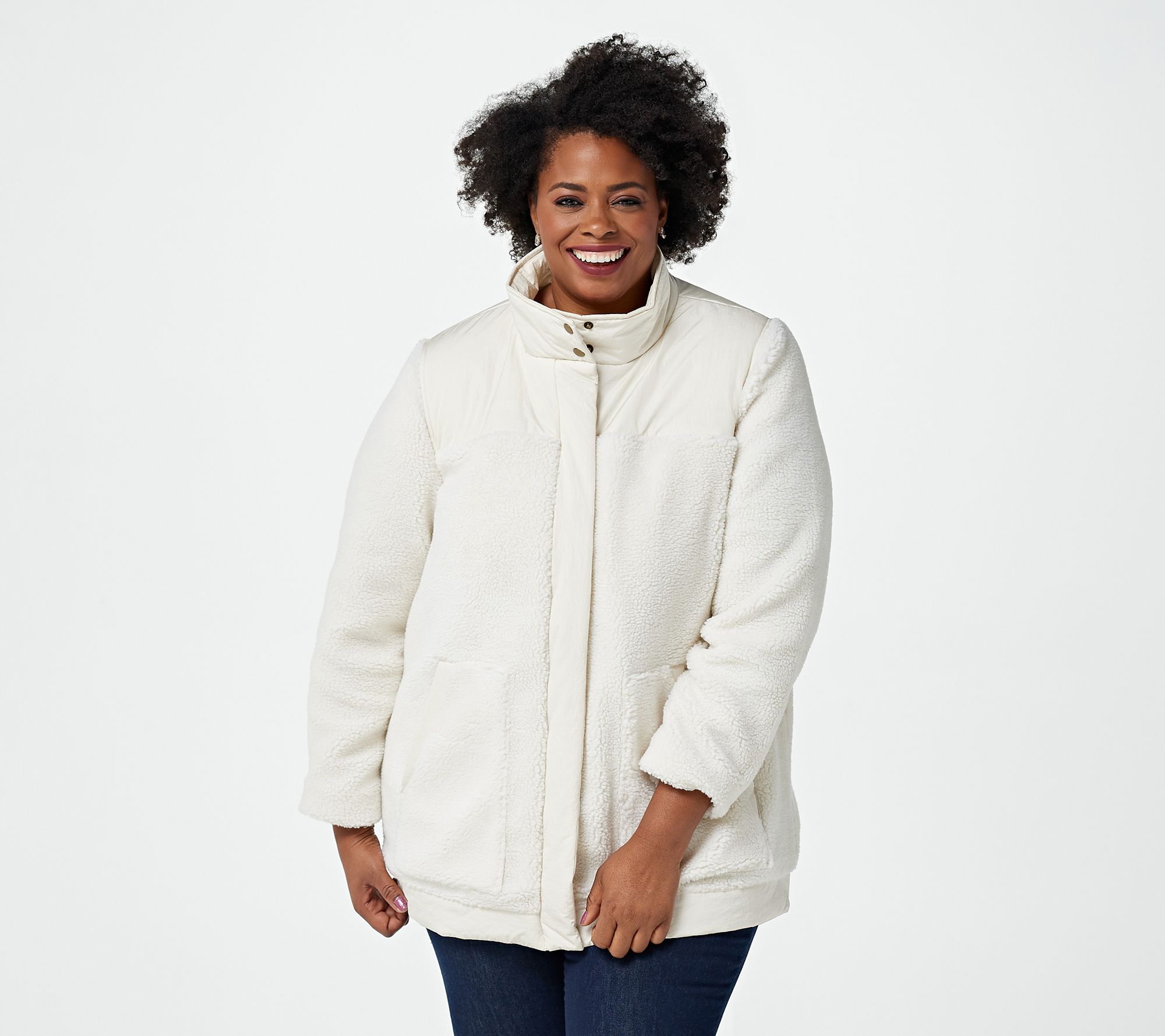 "As Is" zuda Long Sherpa Jacket with Woven Trims - QVC.com