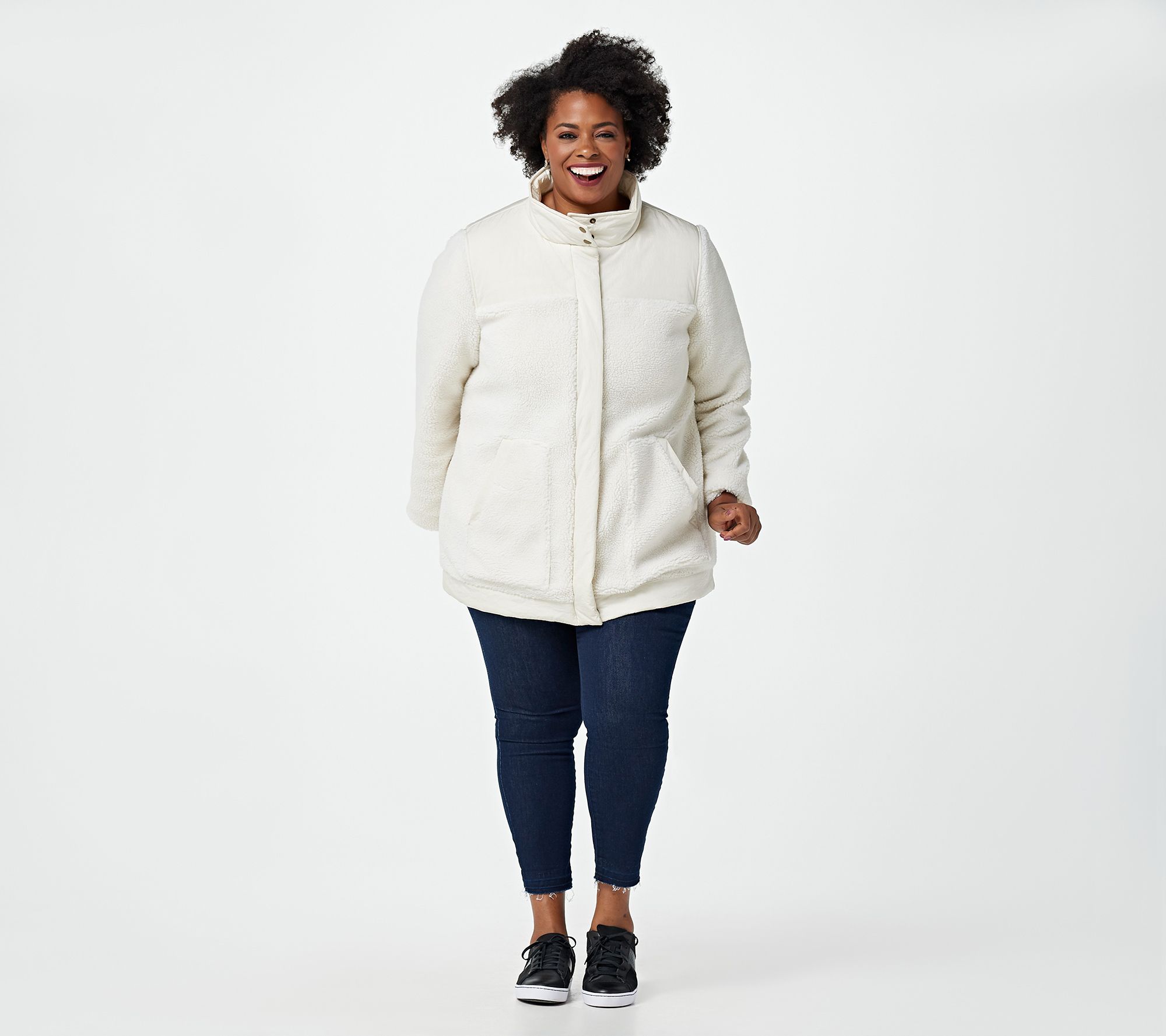 "As Is" zuda Long Sherpa Jacket with Woven Trims - QVC.com