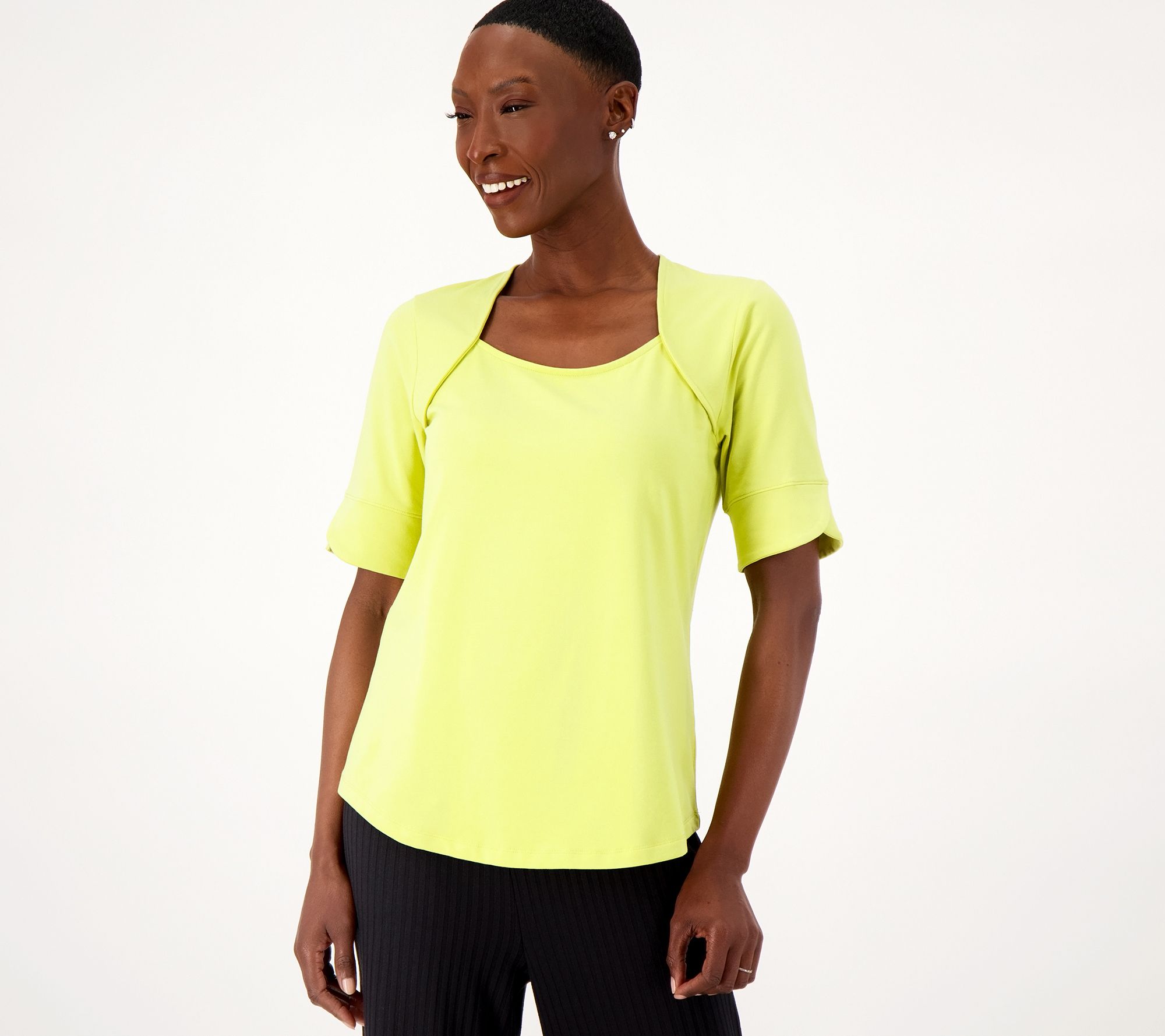 "As Is" Isaac Mizrahi Live Wrap Neckline Top with Tulip Sleeve Detail ...
