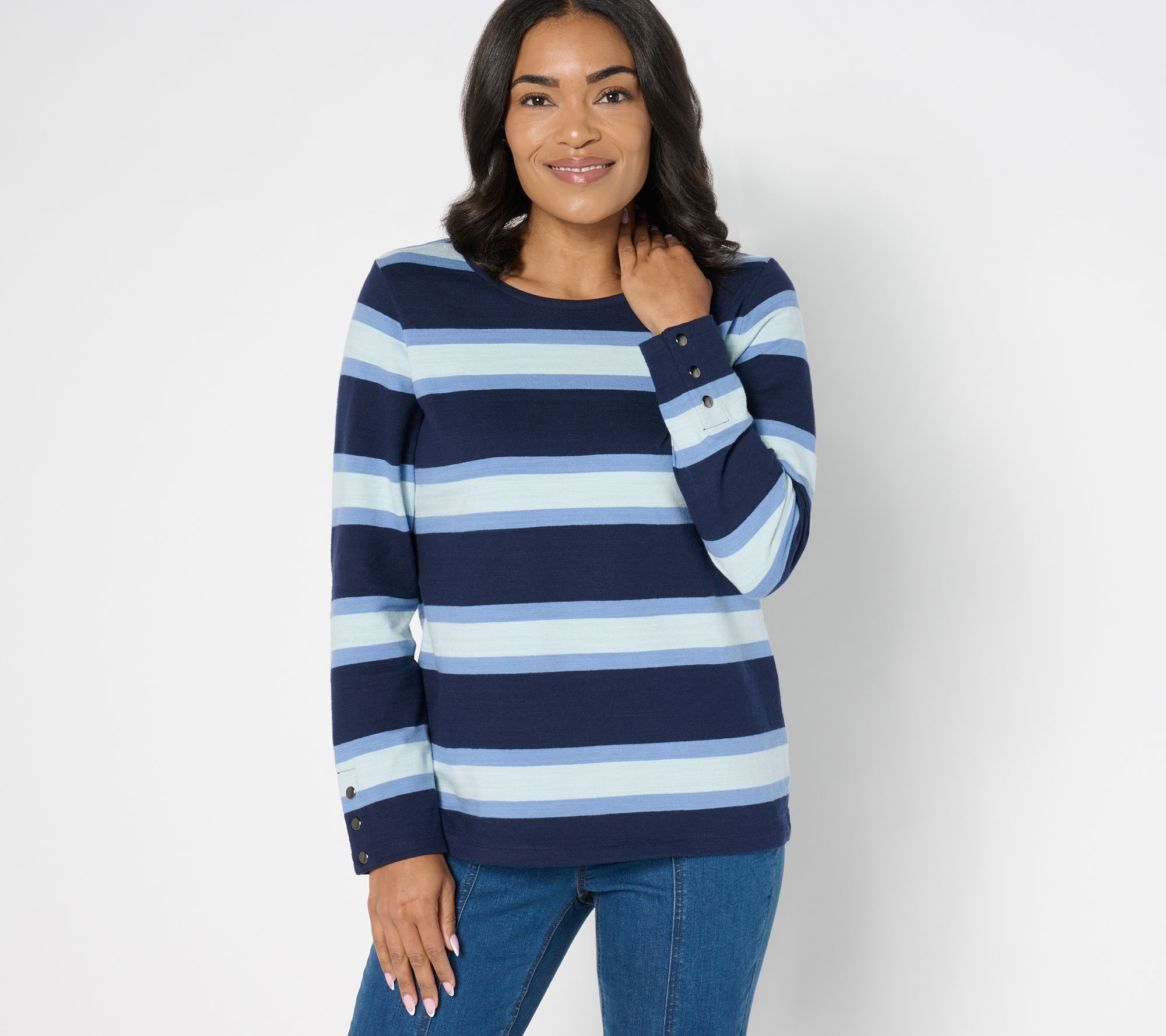 "As Is" Denim & Co. Active Cozy Cotton Striped Top with Snap Detail ...