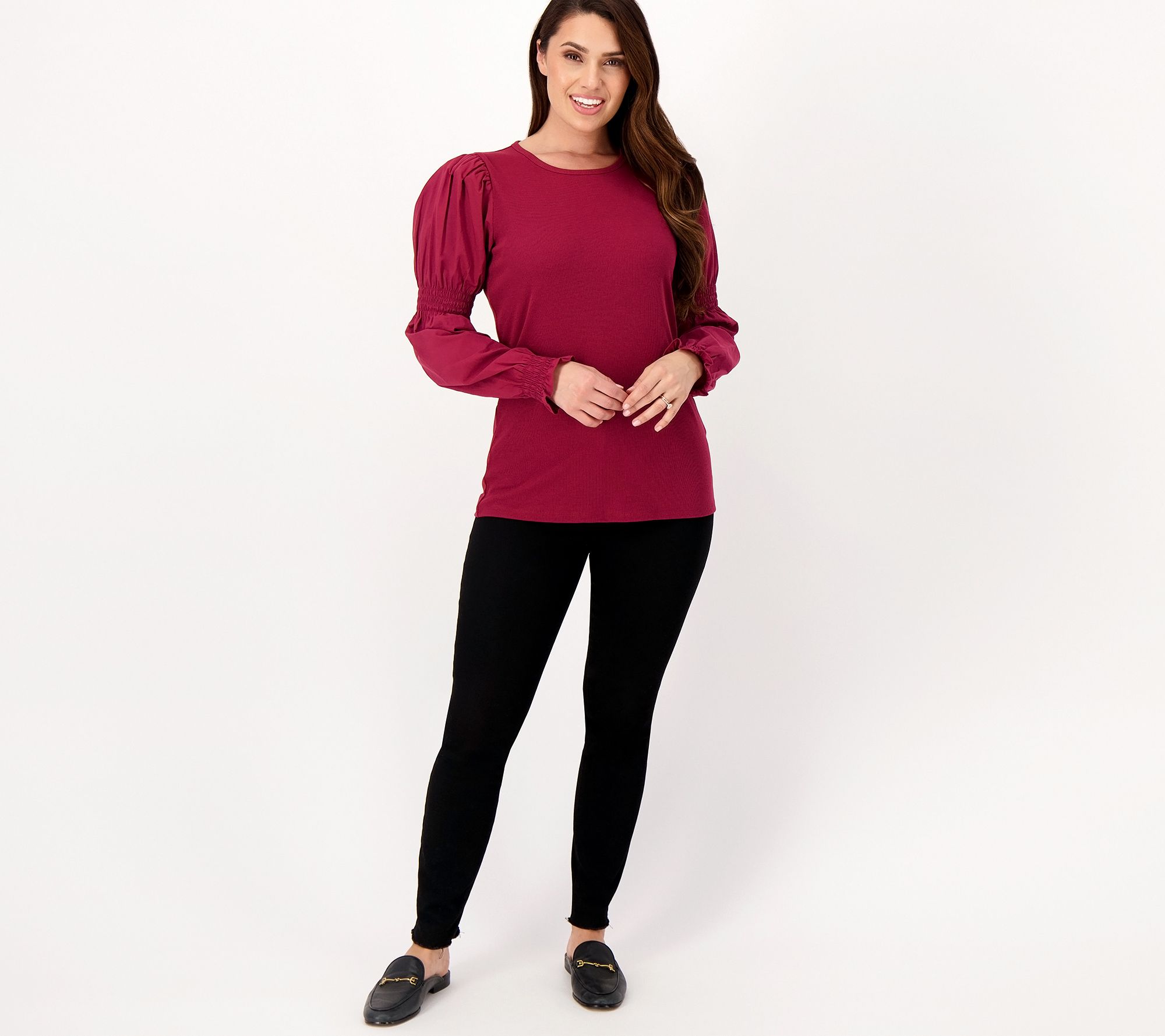 Studio Park x Shawn Killinger Rib Knit Top with Woven Smocked Sleeves ...