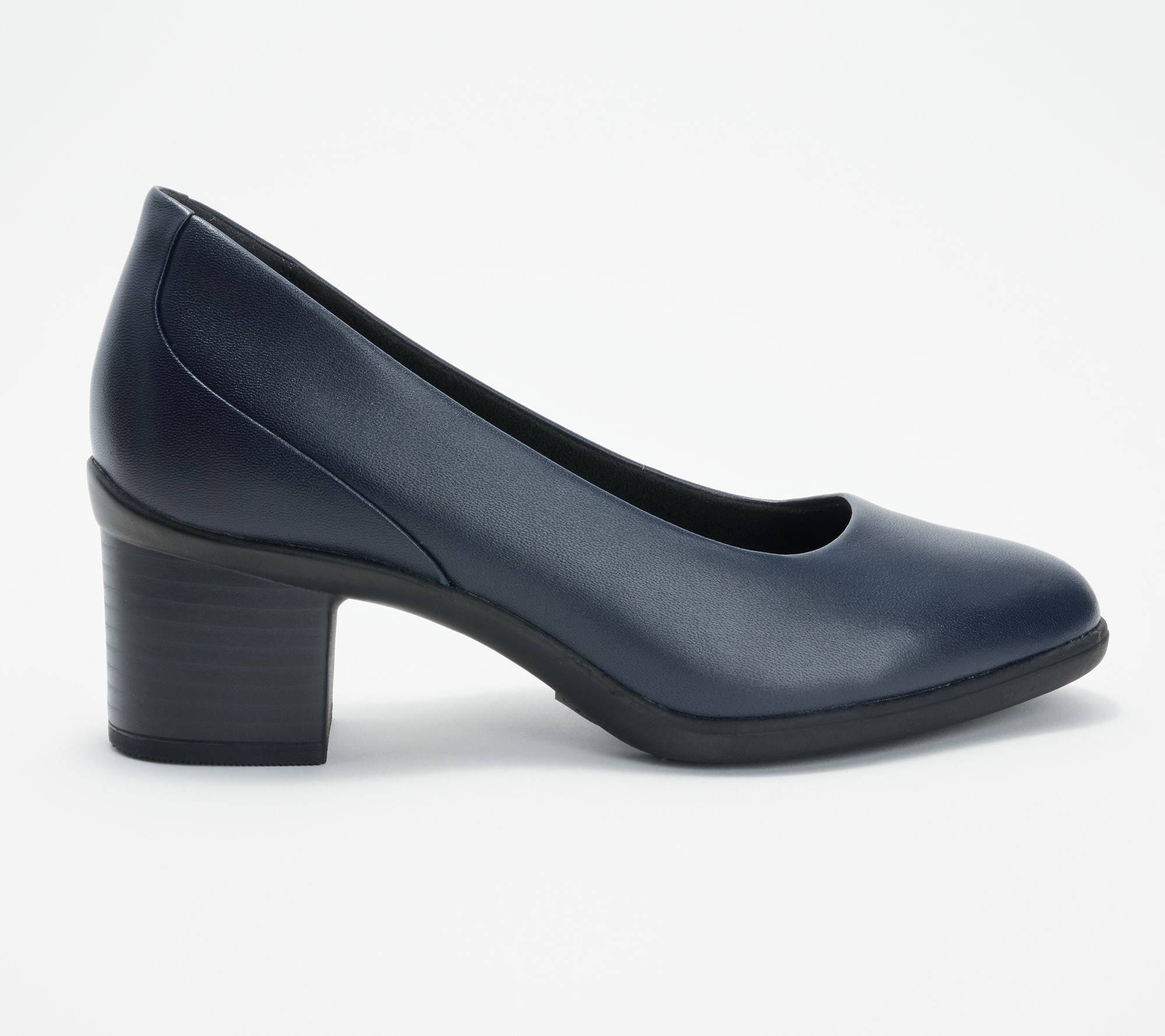 (取寄) クラークス レディース シャヤ ポッピー Clarks women Shaya Poppy Navy Leather Clarks Signature Leather Block Heels -Shaya Poppy - QVC.com