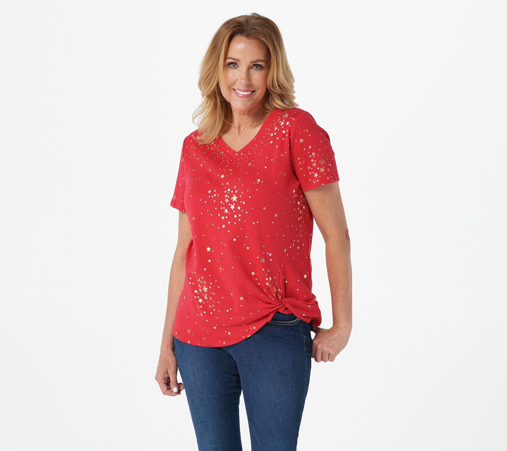 "As Is" Quacker Factory Metallic Star Print Knit Top w/ Knot Detail ...
