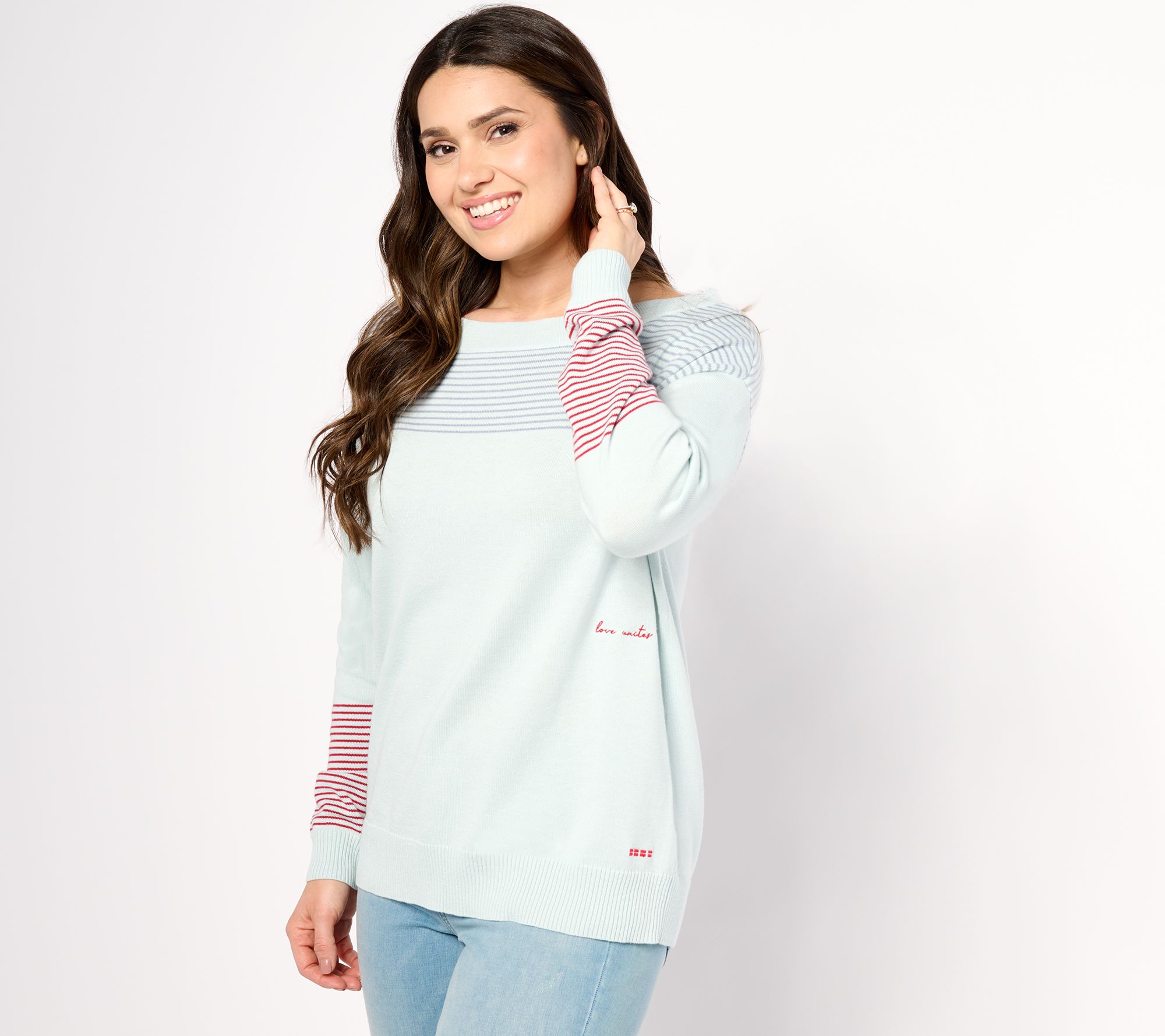 "As Is" Peace Love World Love Unites Us Striped Cotton Sweater - QVC.com