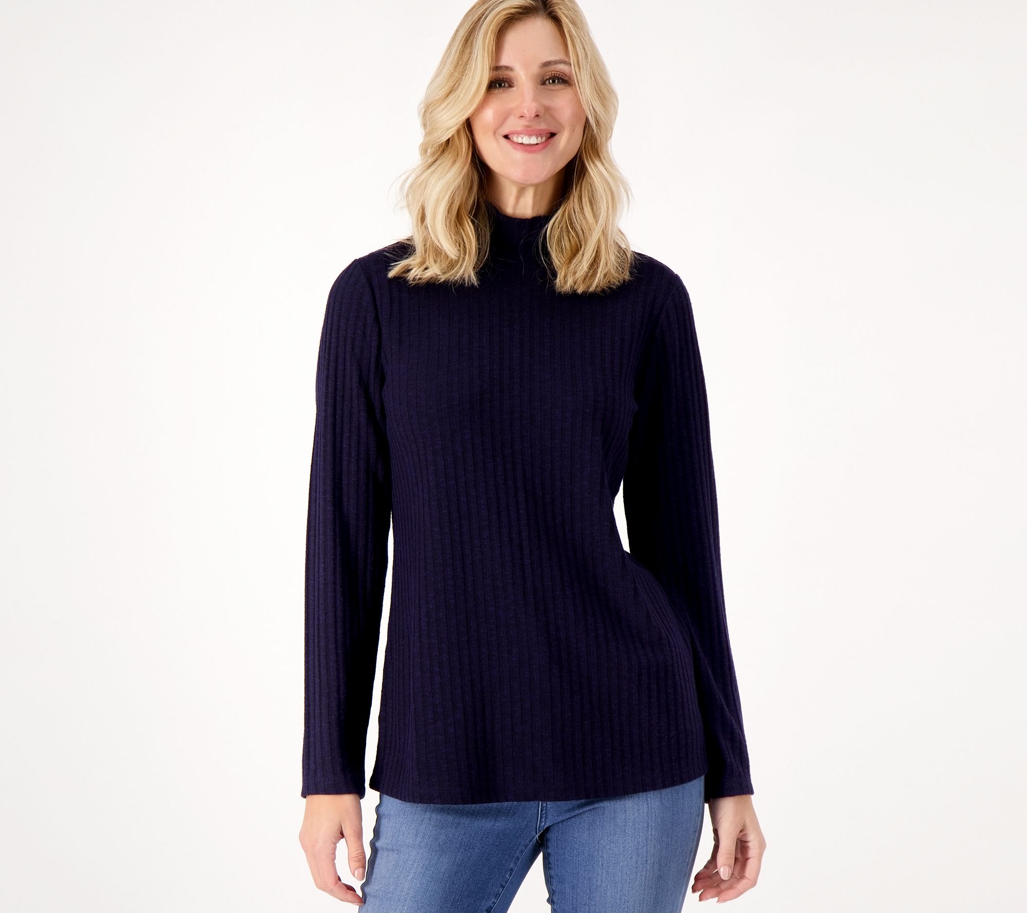 As Is Susan Graver Sweater Rib Knit Long Sleeve Mock Neck Top