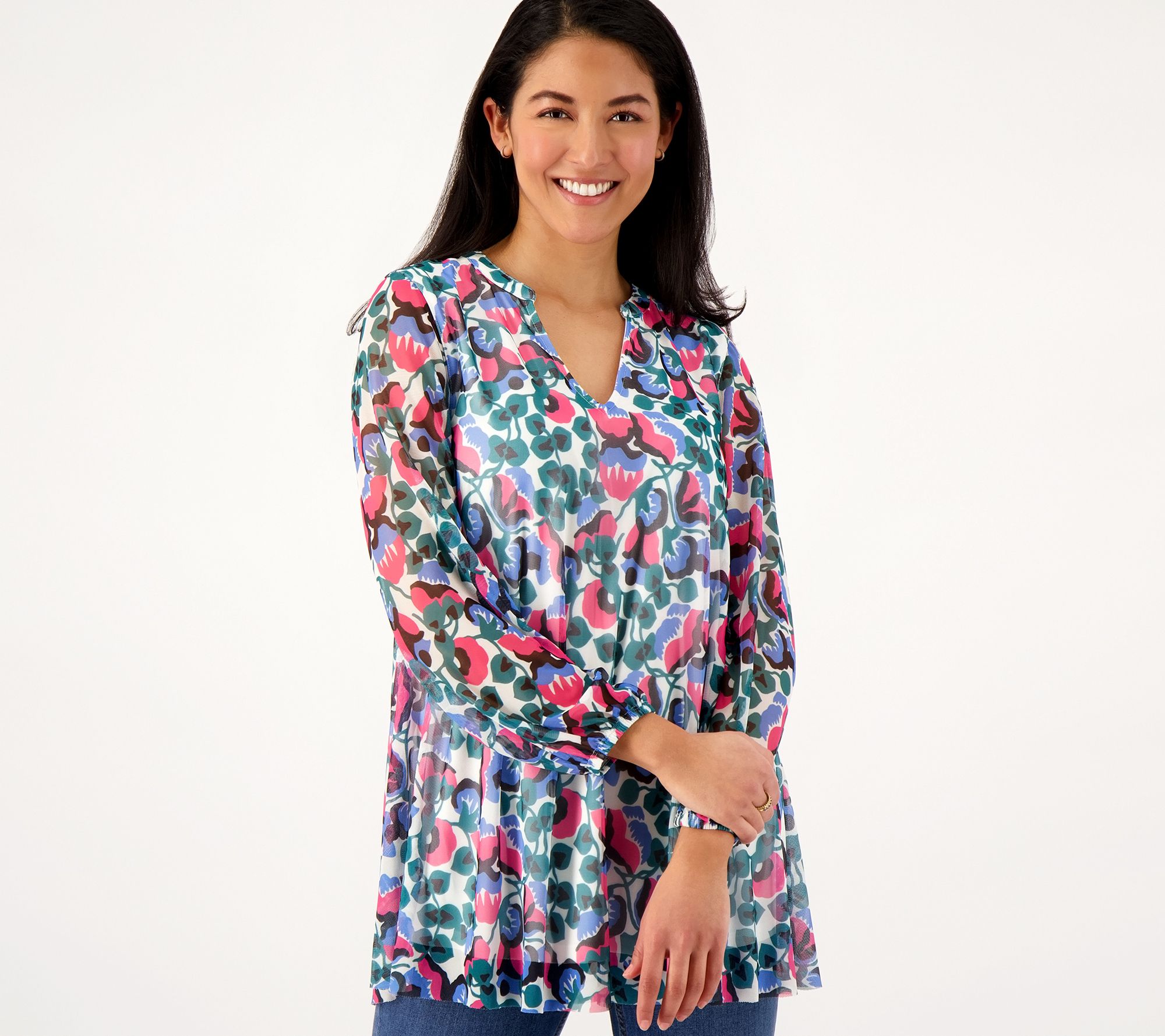 "As Is" Girl With Curves Y-Neck Knit Mesh Blouse - QVC.com