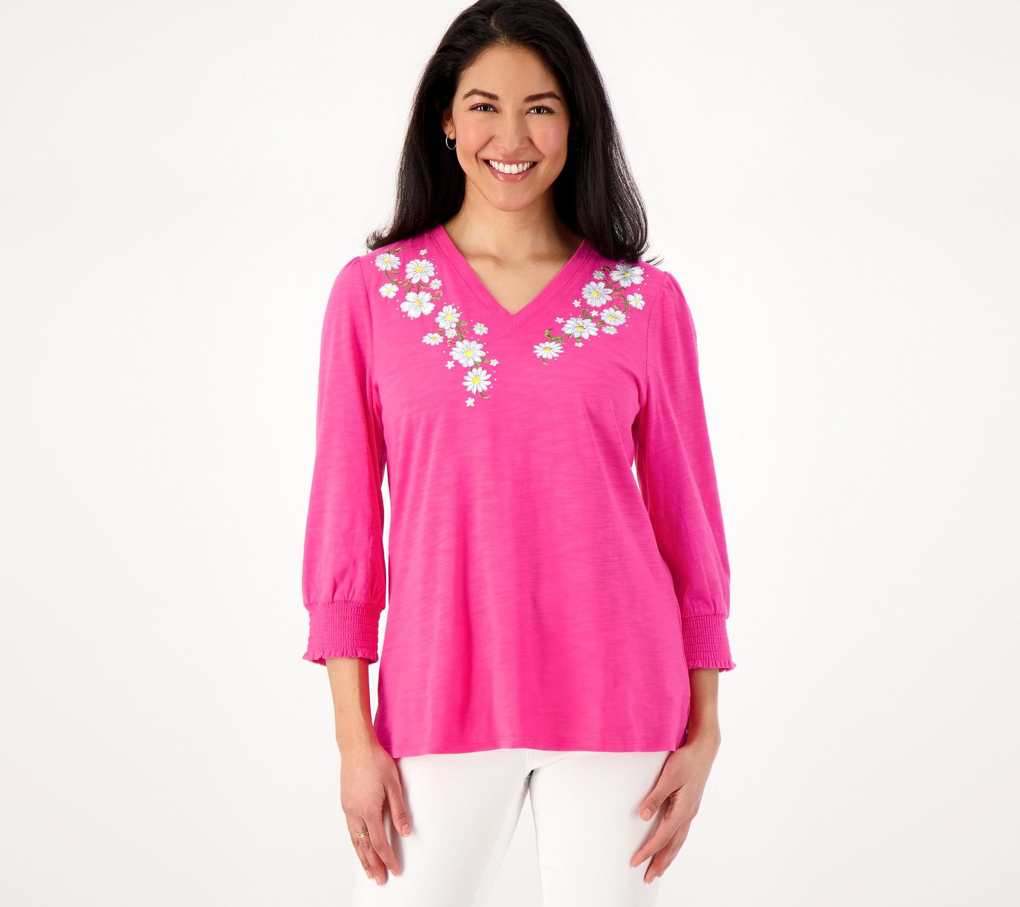 "As Is" Quacker Factory Daisies Embroidered Slub Knit 3/4 Sleeve Top ...