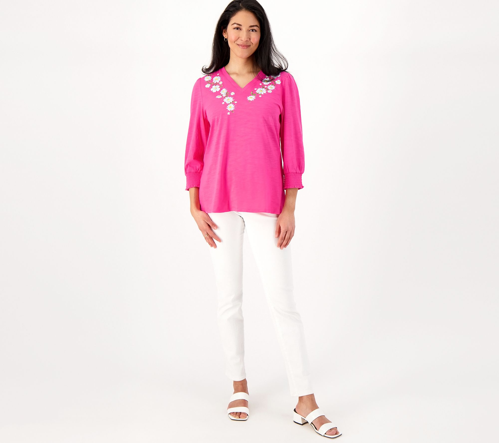 "As Is" Quacker Factory Daisies Embroidered Slub Knit 3/4 Sleeve Top ...