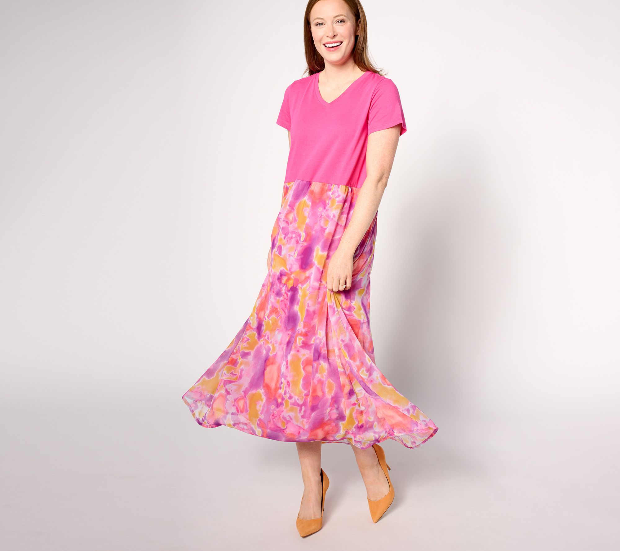 "As Is" LOGO by Lori Goldstein Regular Print & Solid V-Neck Dress - QVC.com