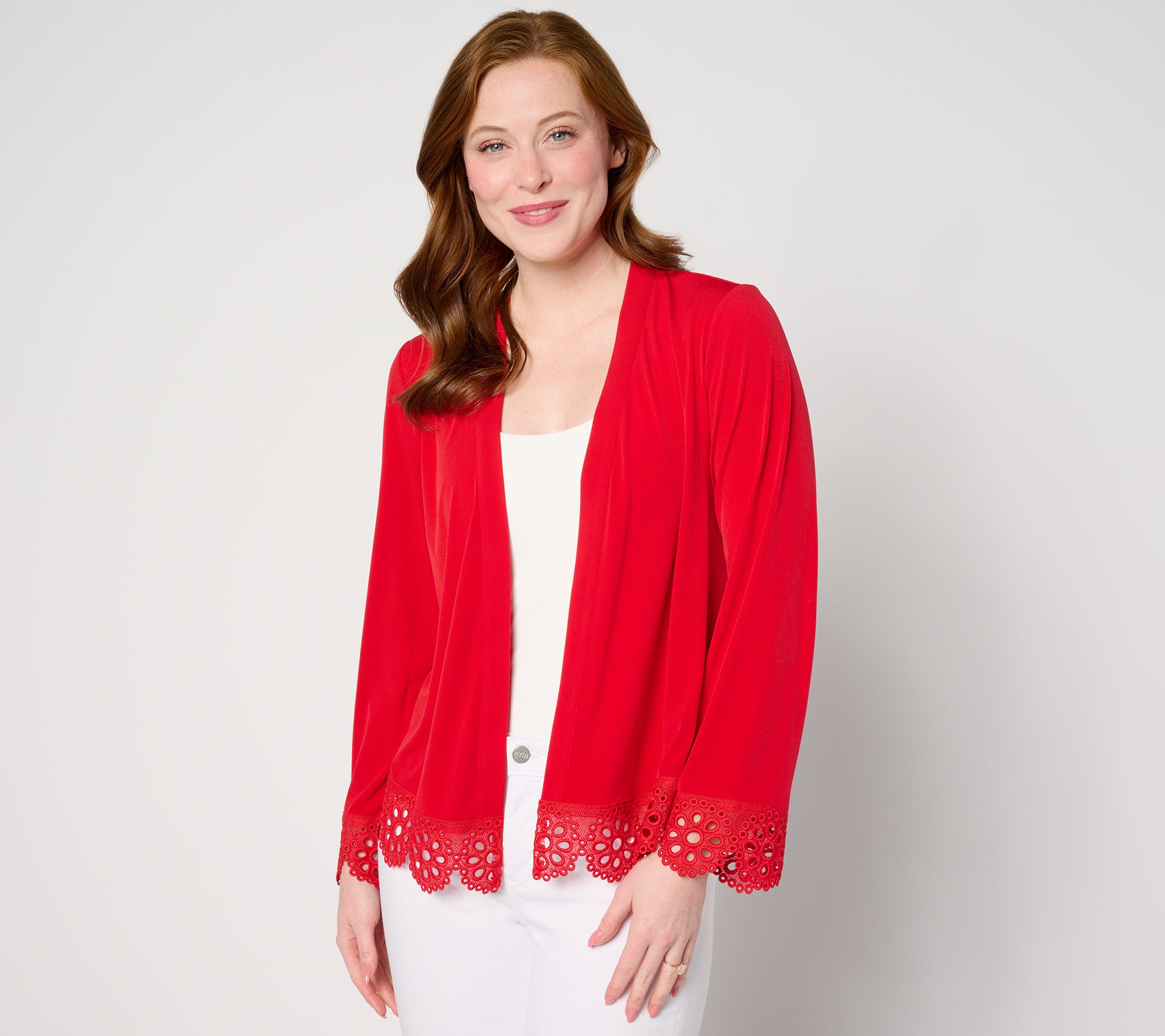 "As Is" Susan Graver Liquid Knit 3/4 Sleeve Shrug with Lace Accents - QVC.com