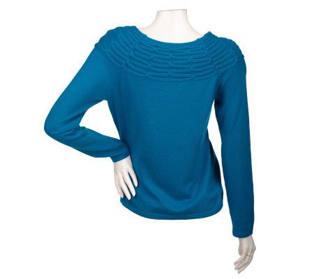 Dialogue Long Sleeve Cable Knit Yoke Sweater - QVC.com