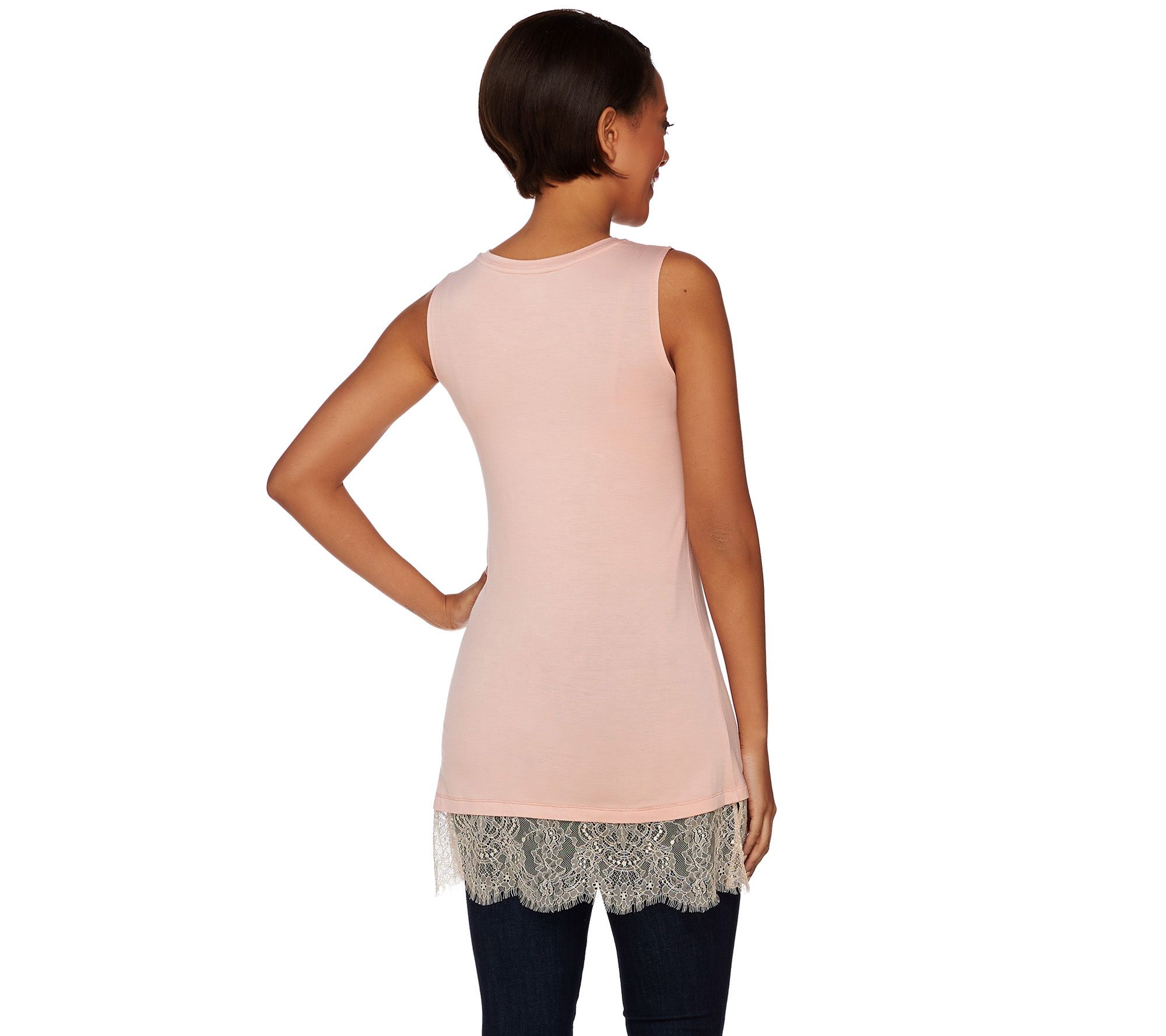 LOGO Layers by Lori Goldstein Knit Tank with Scalloped Lace Trim - QVC.com