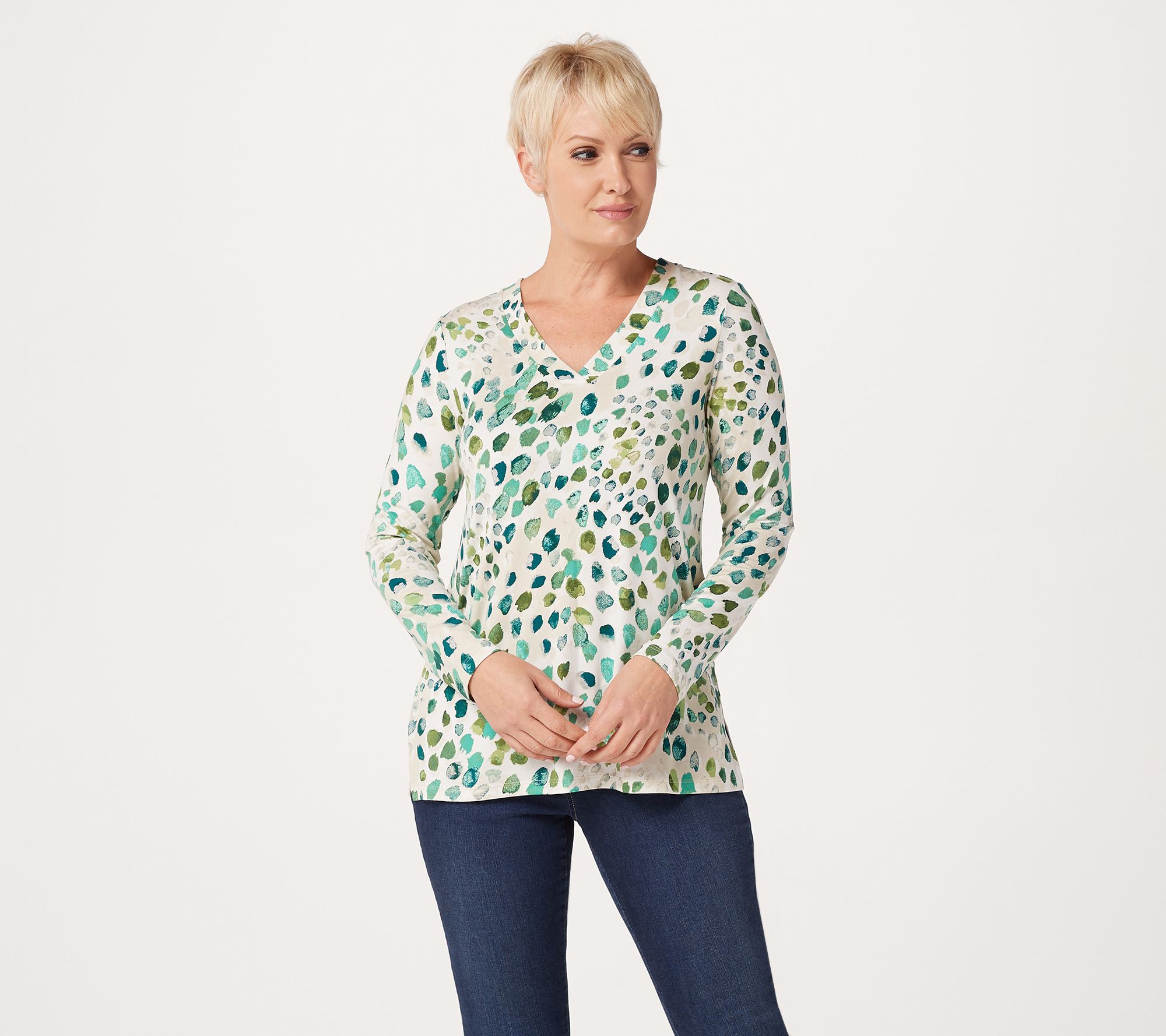 As Is Susan Graver Printed Brushed Liquid Knit V Neck Top