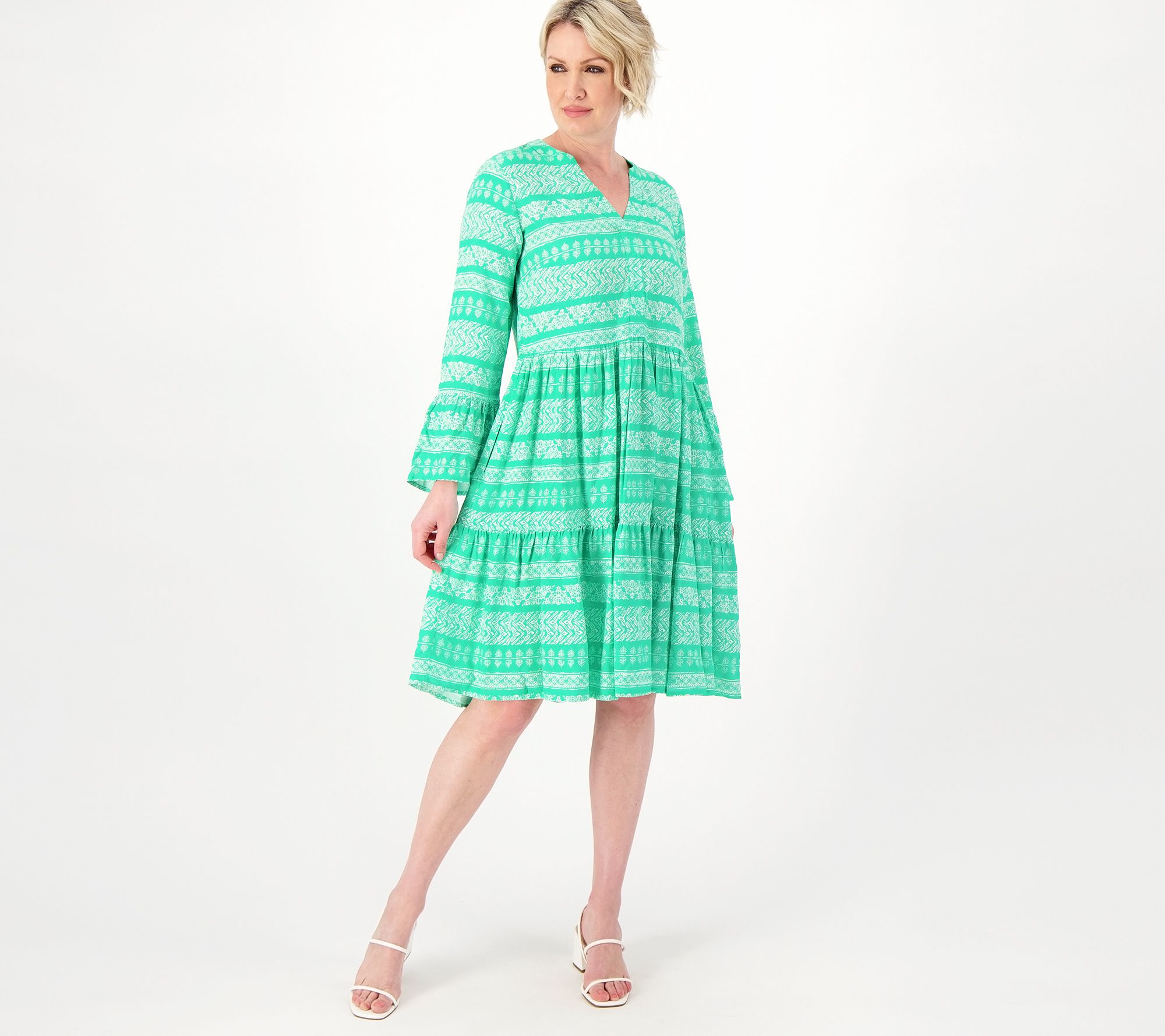 Destination 365 Printed 3/4 Sleeve Split Neck Dress - QVC.com