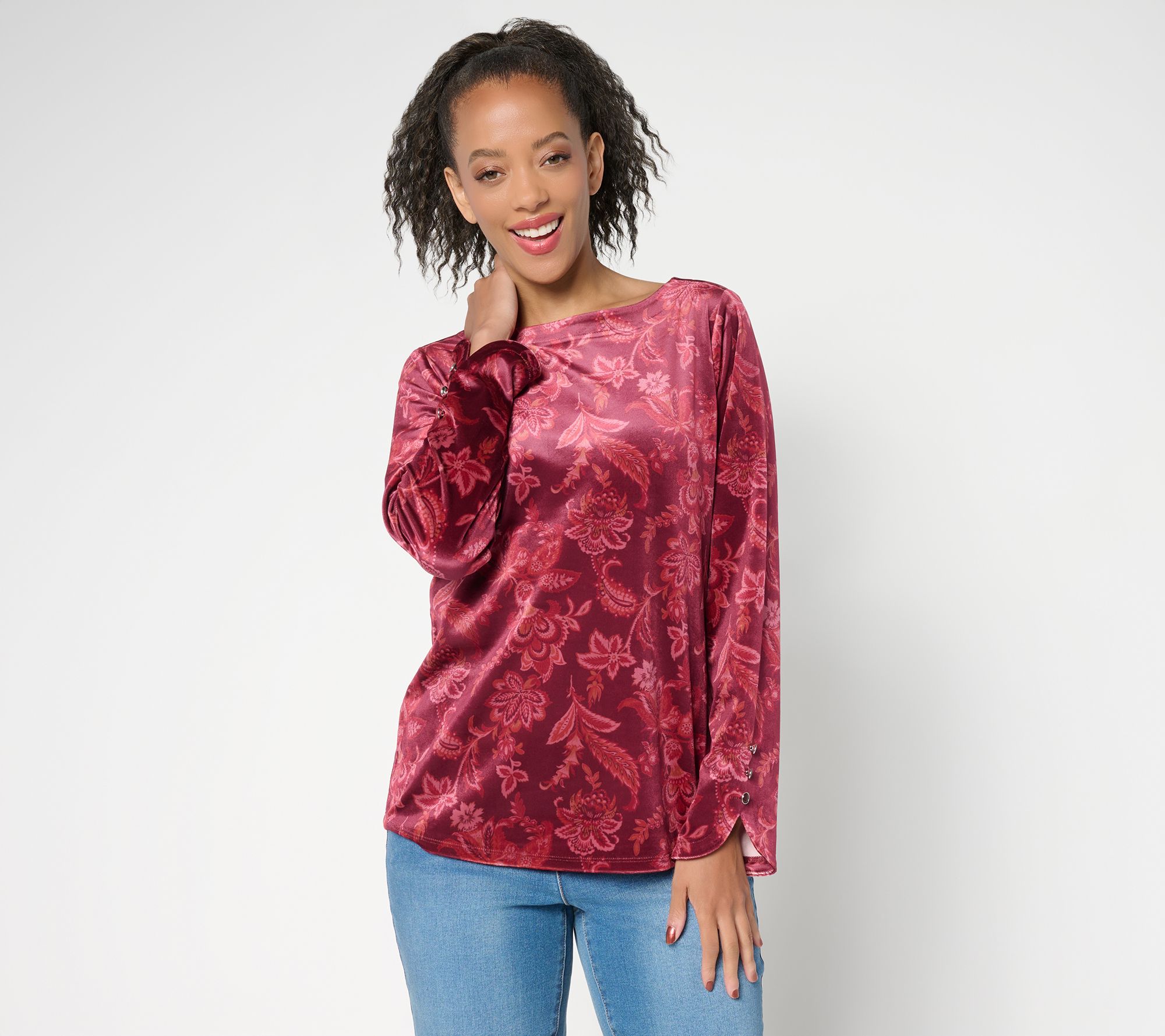 Denim & Co. Printed Velvet Long Sleeve Boat Neck Top - QVC.com