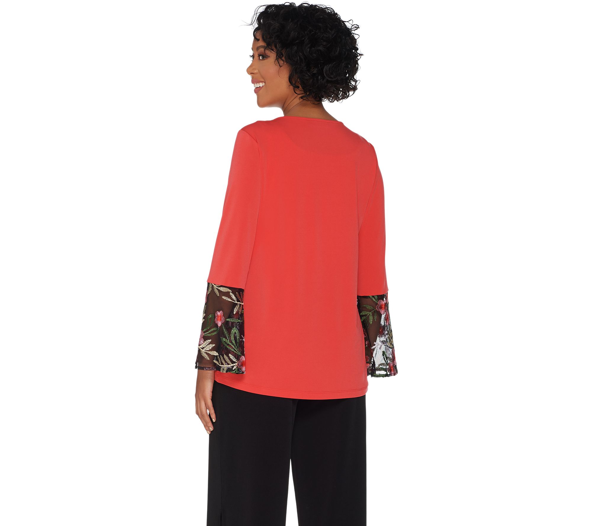 Susan Graver Liquid Knit Top with Embroidered Sleeves - QVC.com