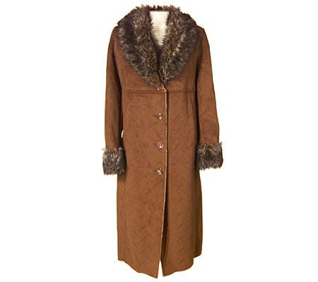 Utex Design Embroidered Faux Shearling Long Coat with Faux Fur - QVC.com