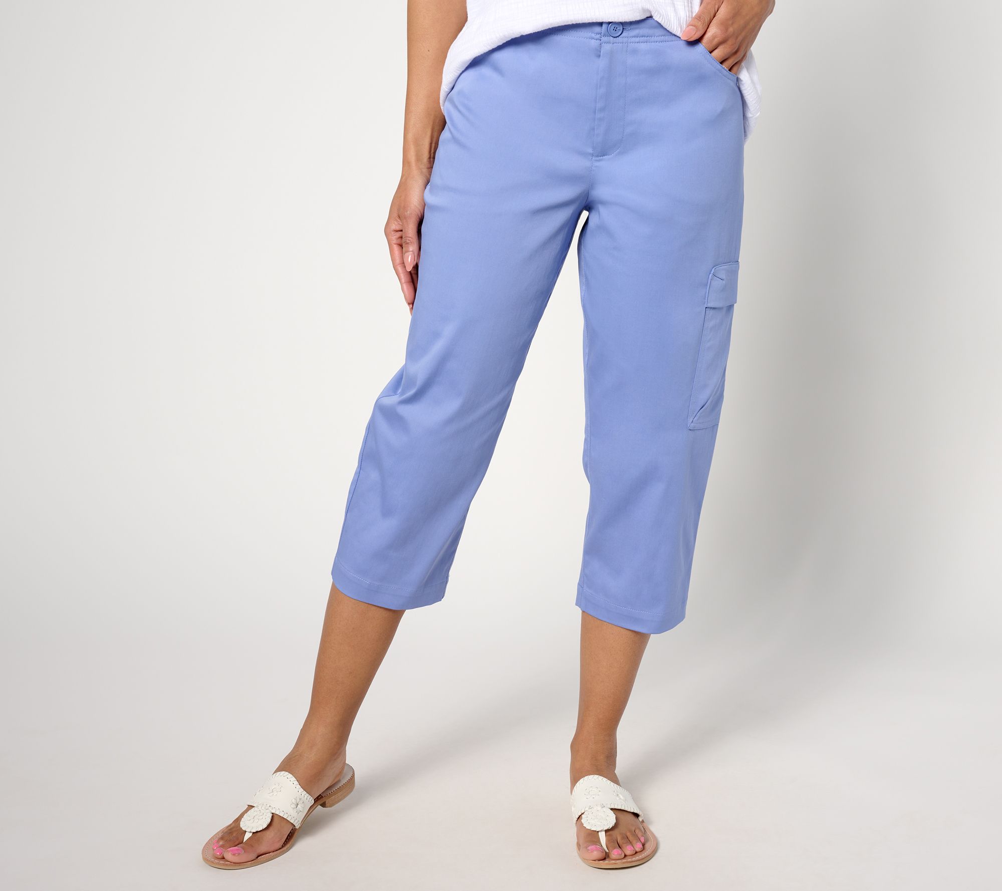 Susan Graver Weekend Stretch Cotton Sateen Zip Front Capri Pants - QVC.com