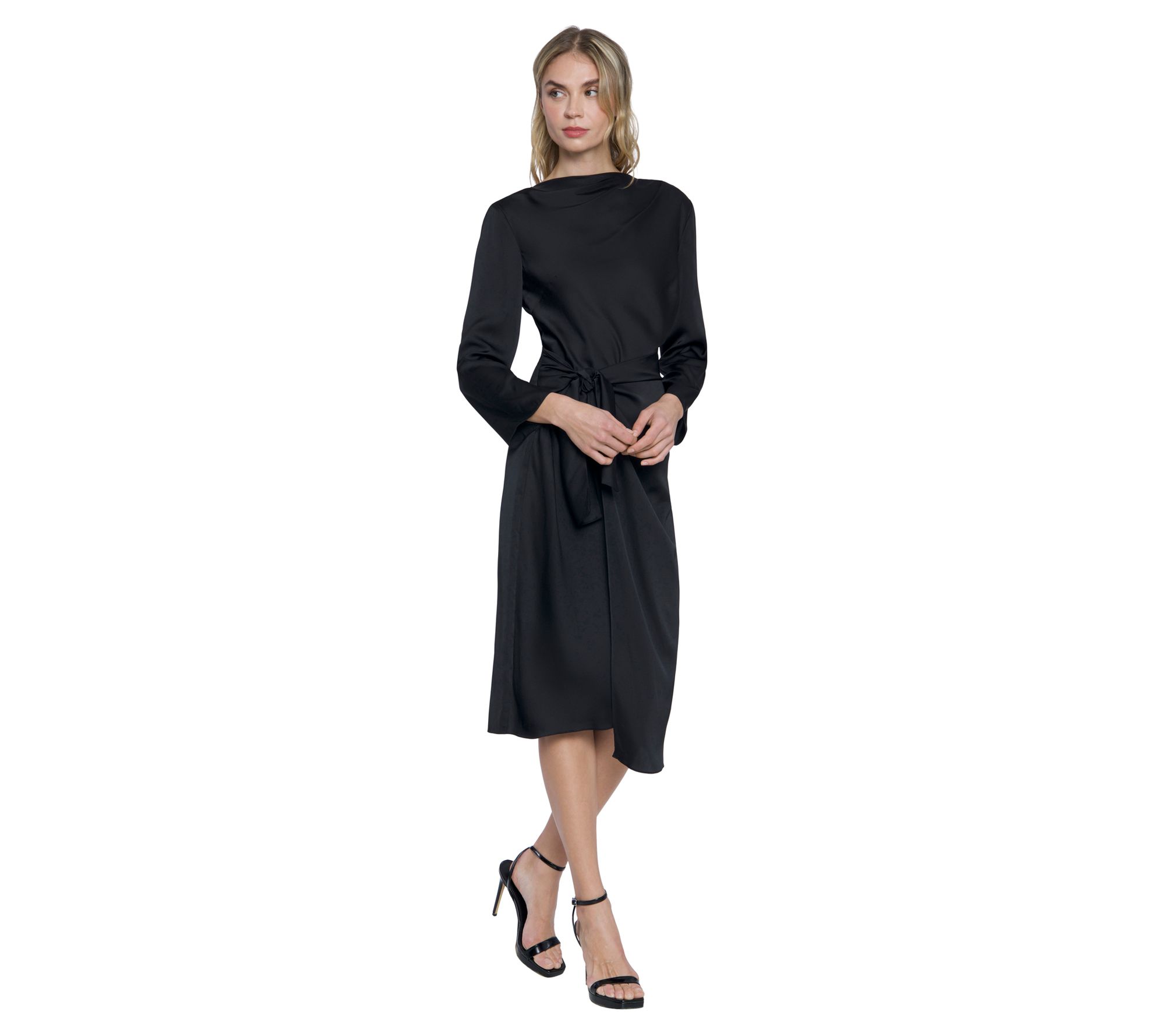 Donna Morgan High Neck Long Sleeve Tie Waist Dress - QVC.com