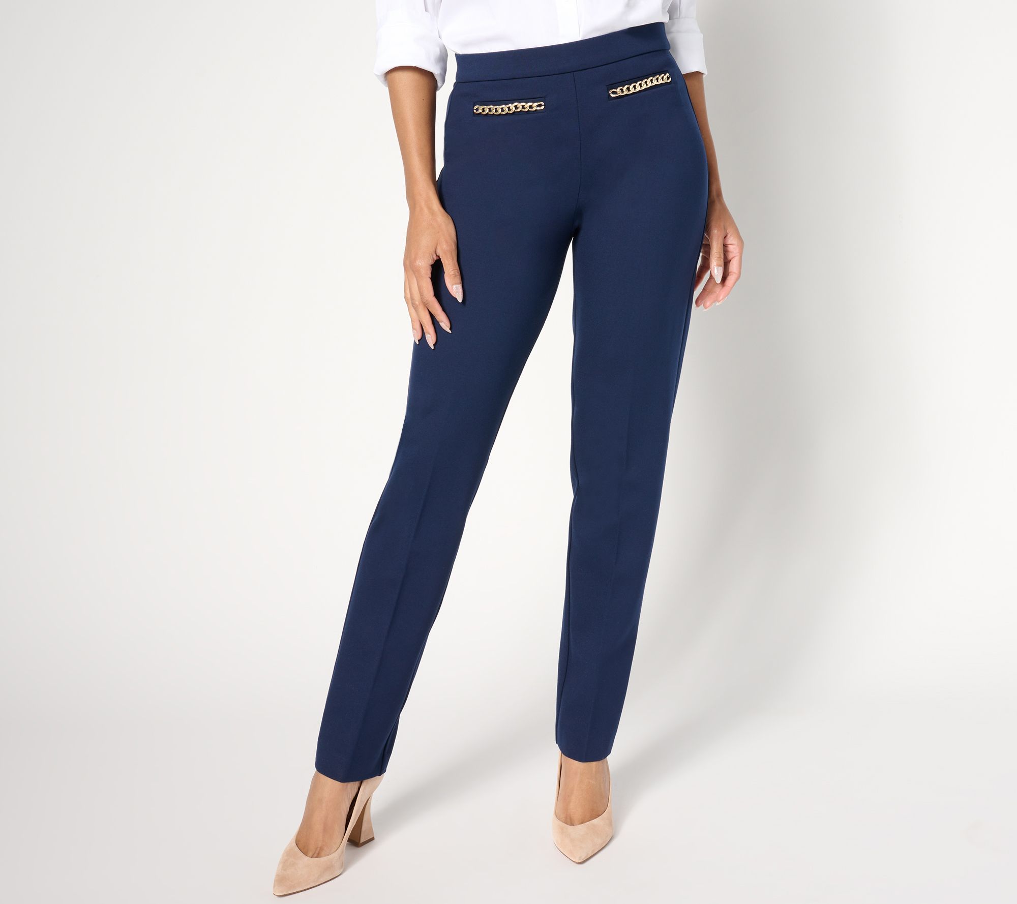 Susan Graver Smart Ponte Slim Leg Pull-On Pant with Chain - QVC.com