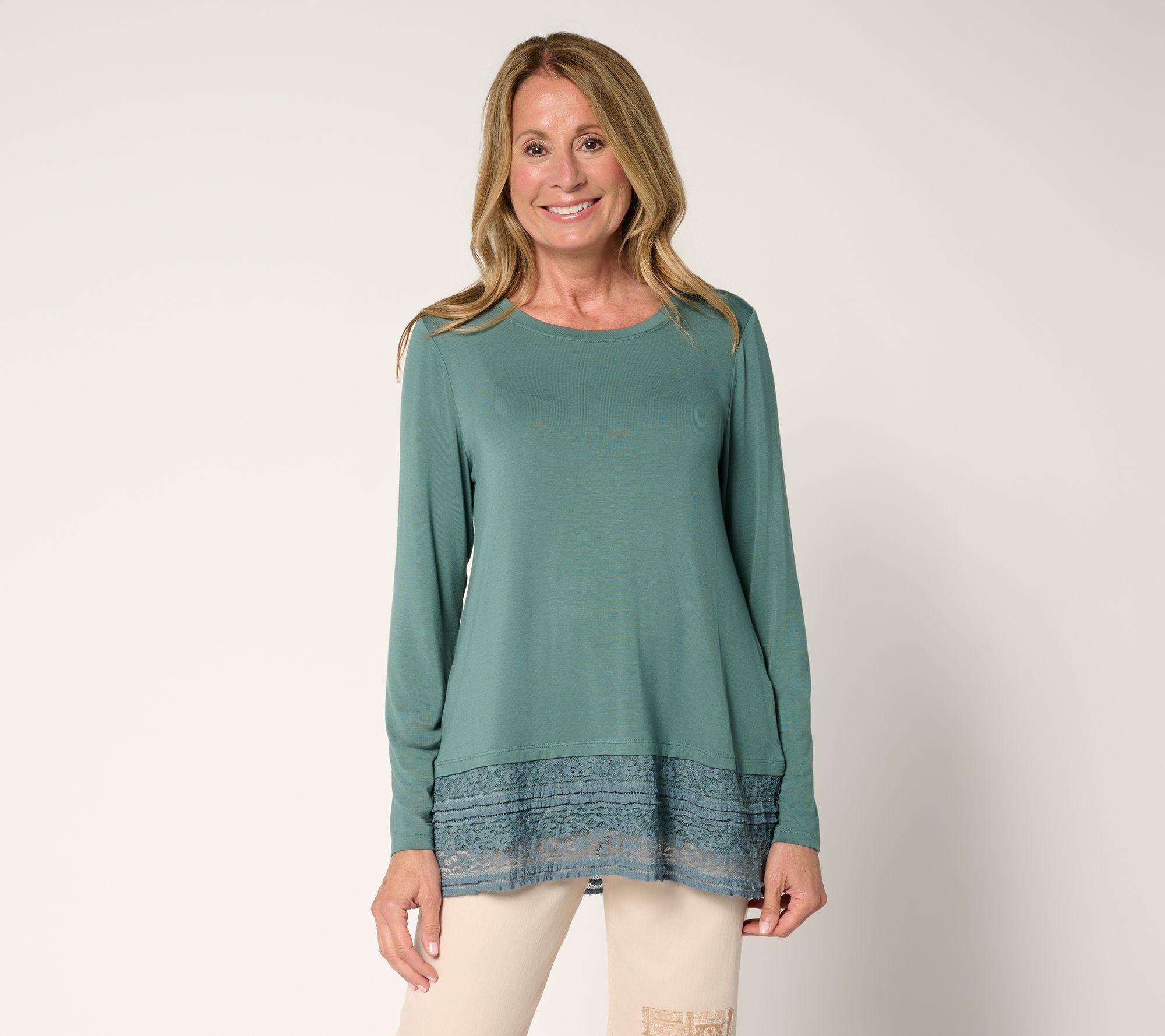 LOGO by Lori Goldstein Long Sleeve Lace Hem Top - QVC.com