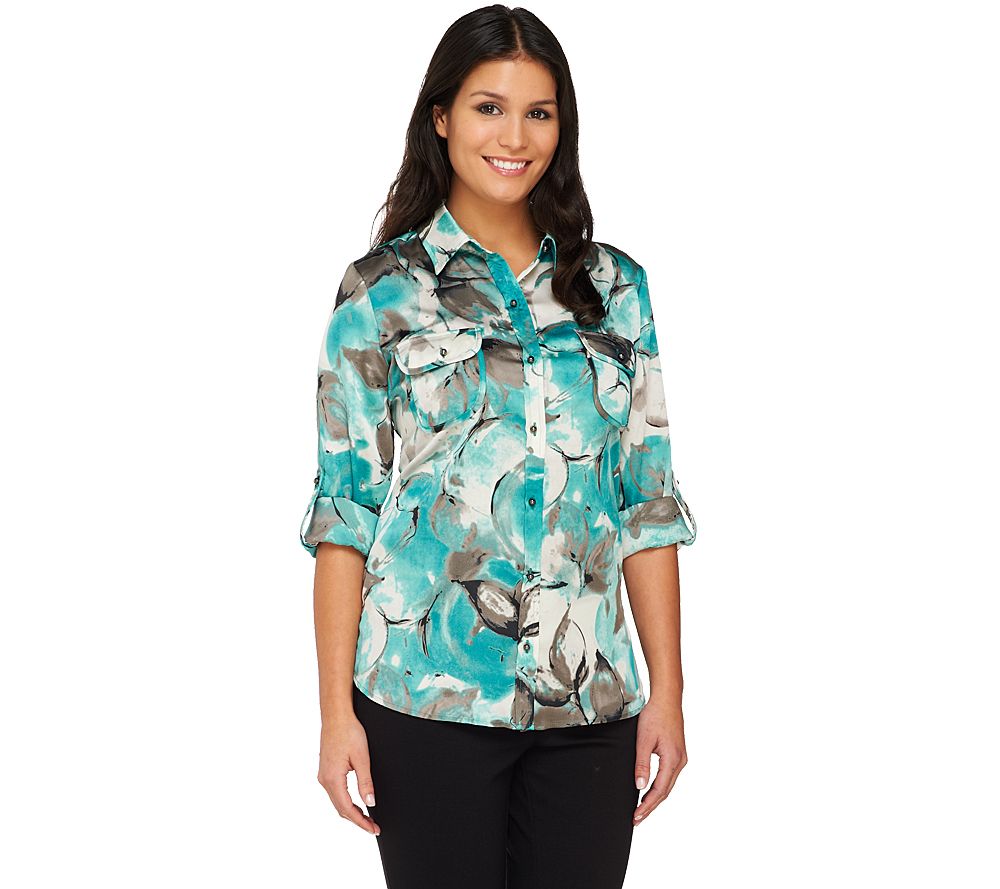 Susan Graver Charmeuse Printed Blouse with Roll Tab Sleeves - QVC.com